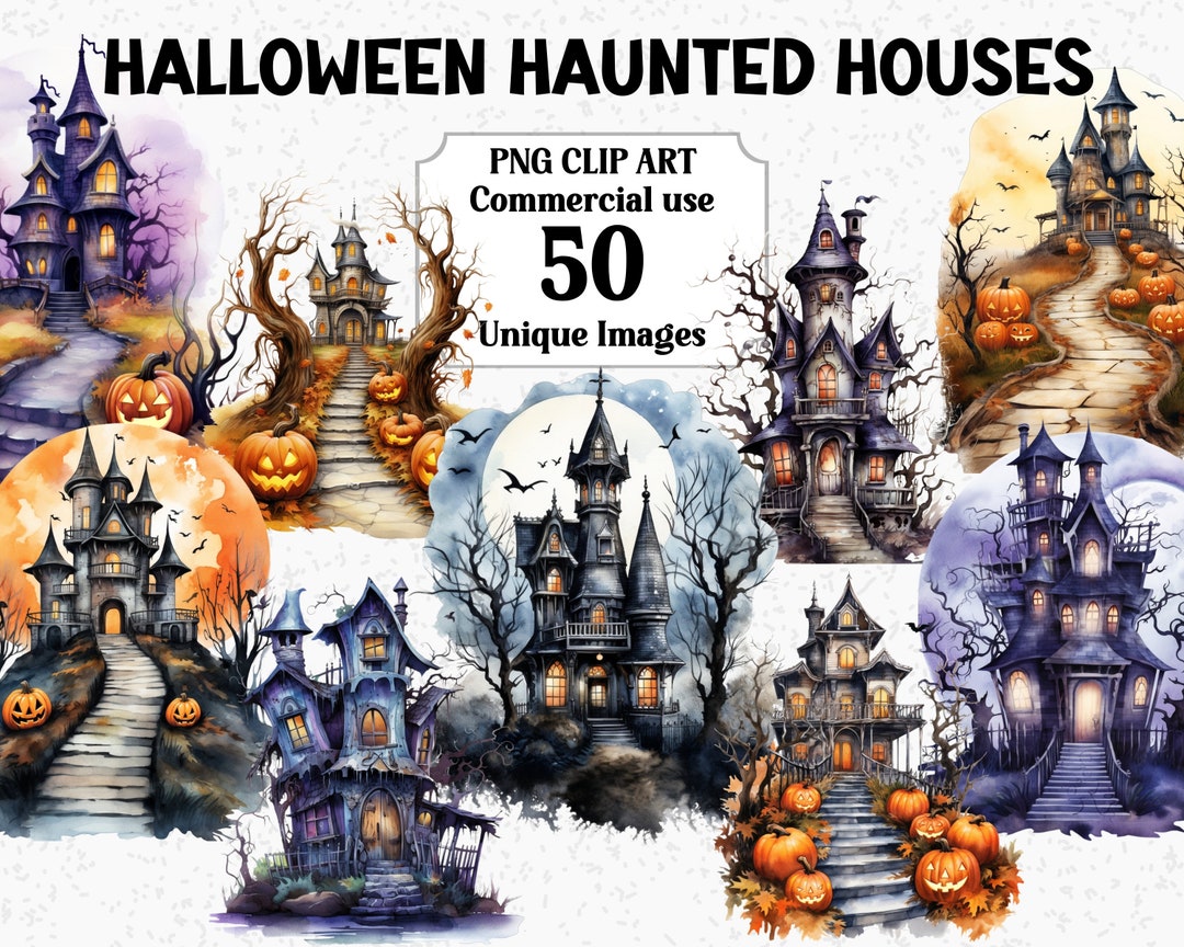 Halloween Haunted Houses Spooky Watercolor Clip Art | Digital & Paper ...