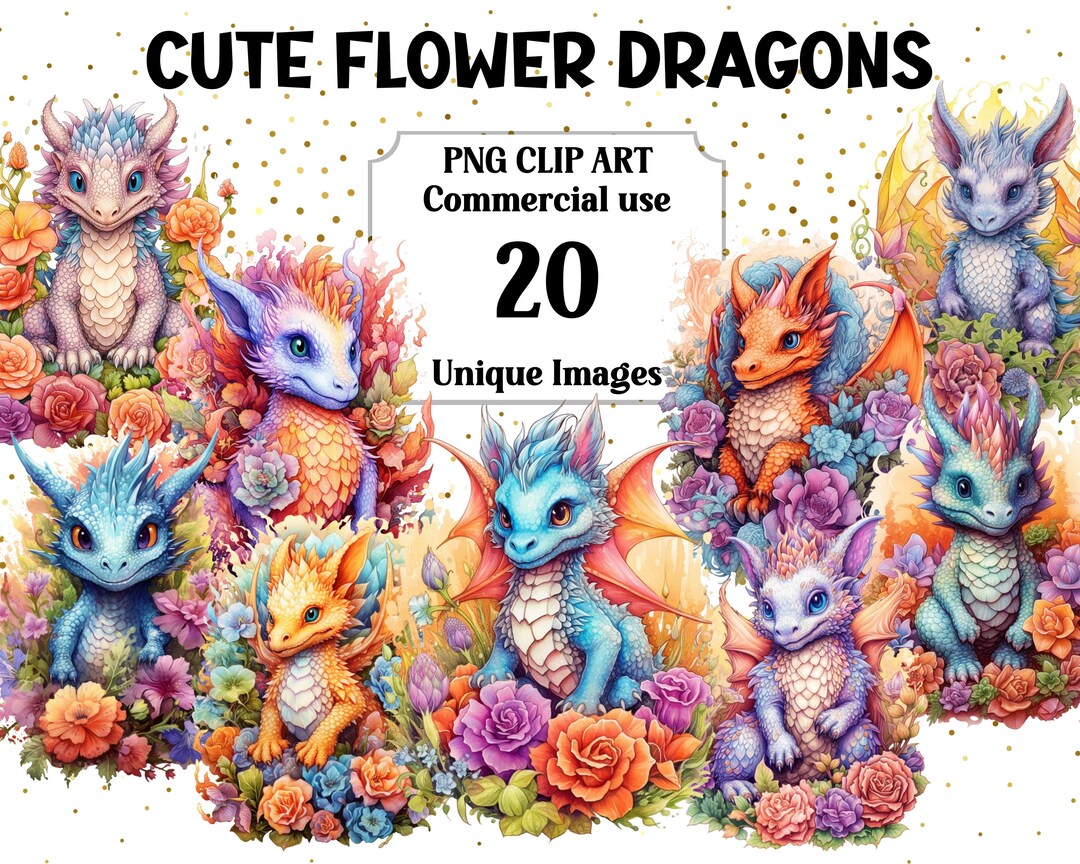 Cute Flower Dragons Watercolor Clipart, Paper Crafts, Floral Animal ...