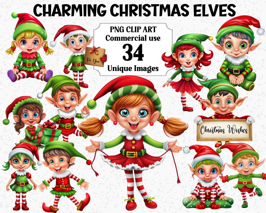 Charming Christmas Elves Clipart, Cartoon Style, Instant Download Commercial Use, Transparent ...