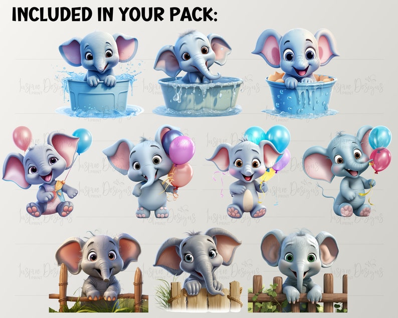 Cute Baby Elephants Watercolor Animals Clipart, Digital/paper Crafts ...