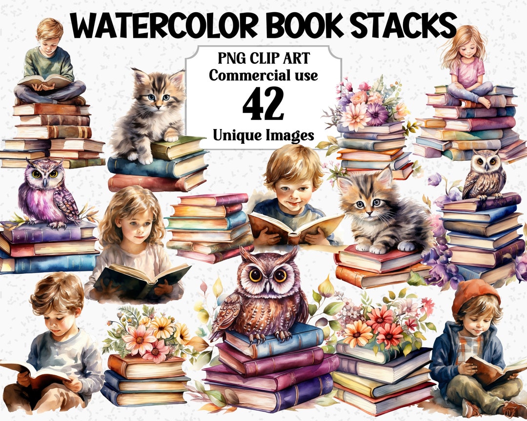 Watercolor Book Stacks Clipart, Owls, Kittens, Girls Boys Kids Children ...