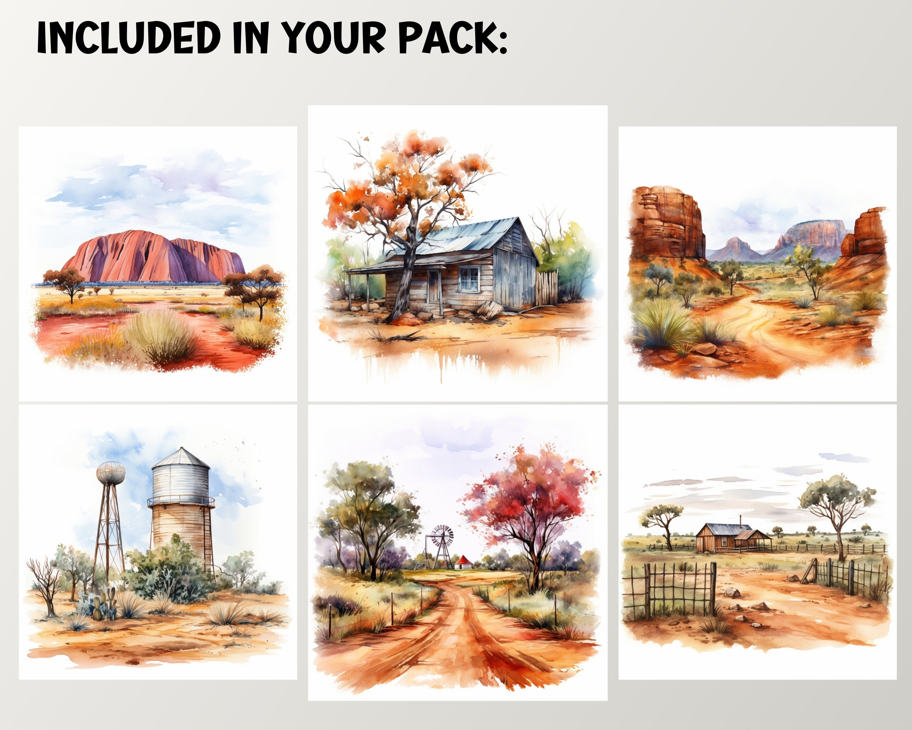 Outback Australia Watercolor Clipart Scenes, Digital & Paper Craft ...