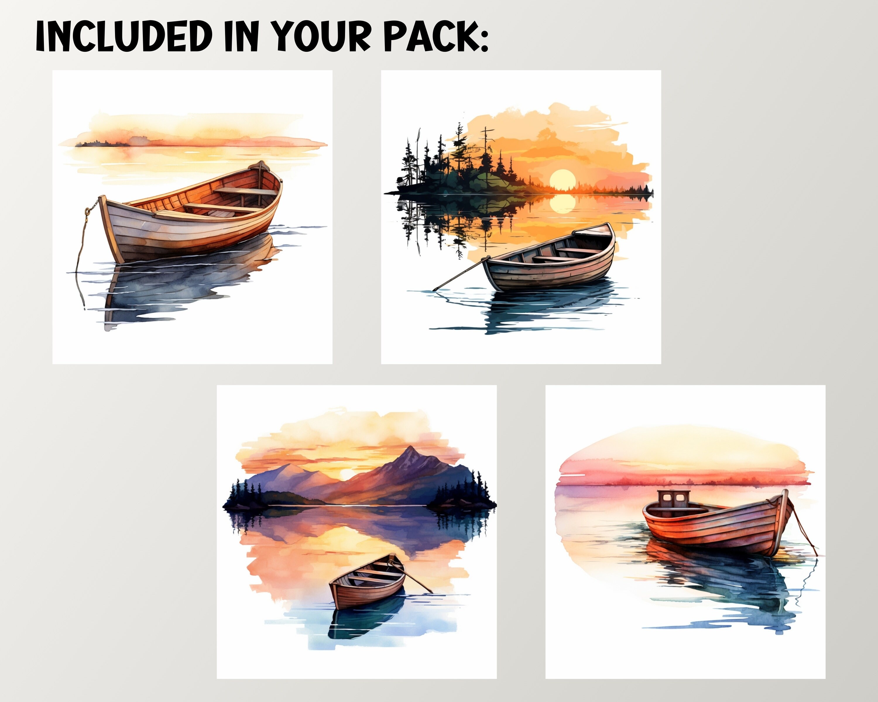 Sunset Canoe Scenes Watercolor Clipart, Digital & Paper Craft, Instant ...