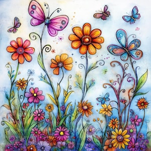 Vibrant Whimsical Flowers Clipart Scenes Digital & Paper Craft Instant ...