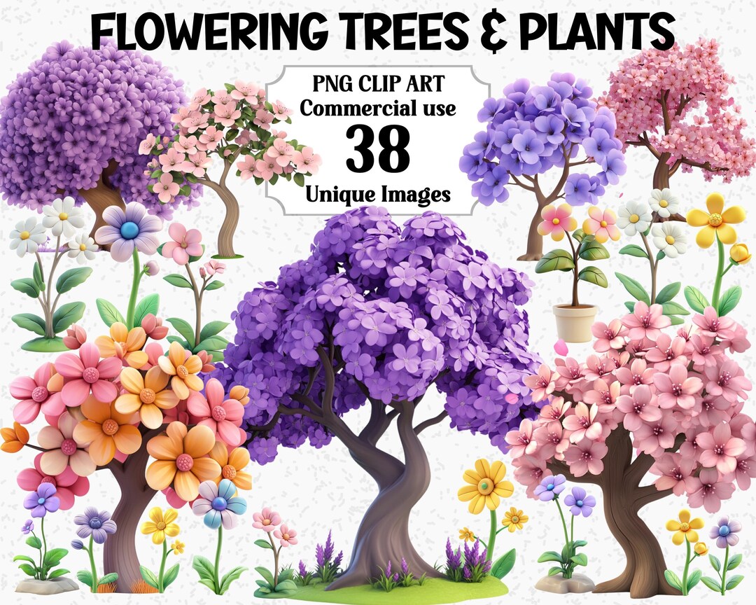 Flowering Trees & Plants Clipart - Cute 3D Style Instant Download Green ...