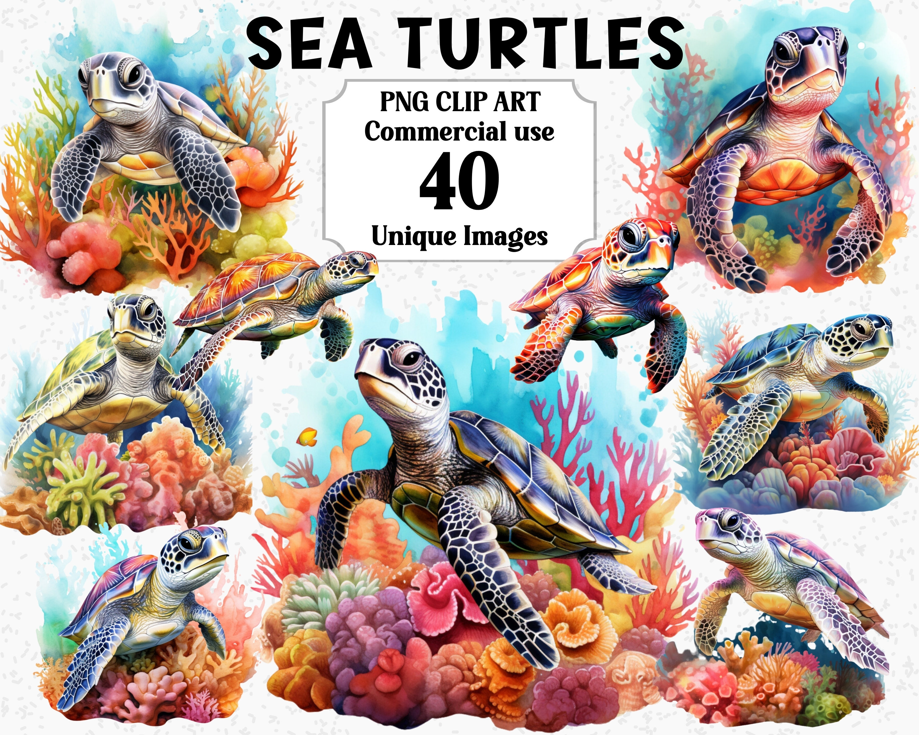 Cute Sea Turtles Watercolor Ocean Animals Clipart, Digital Craft ...