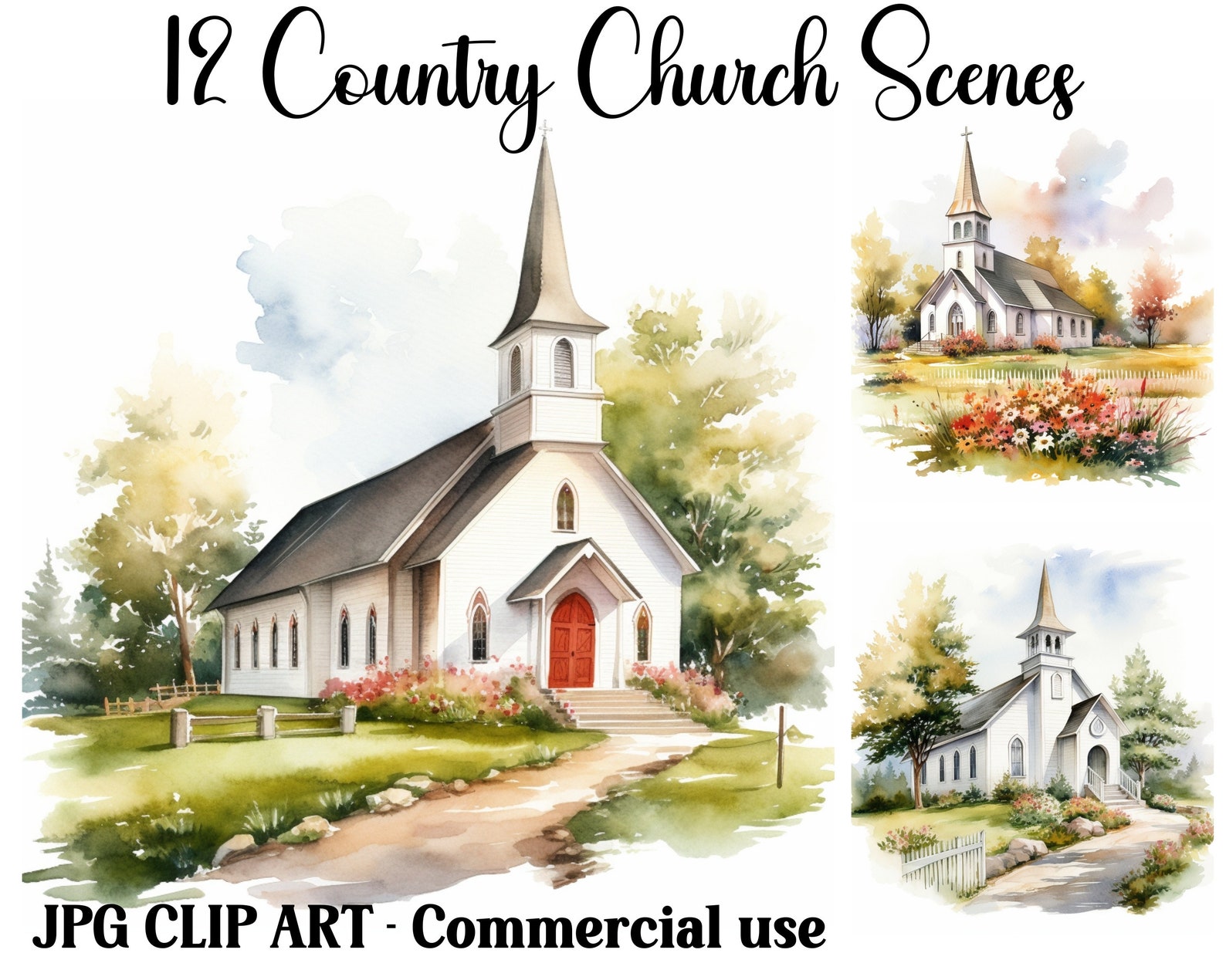 Country Churches Watercolor Scenes Clipart, Digital & Paper Crafts ...