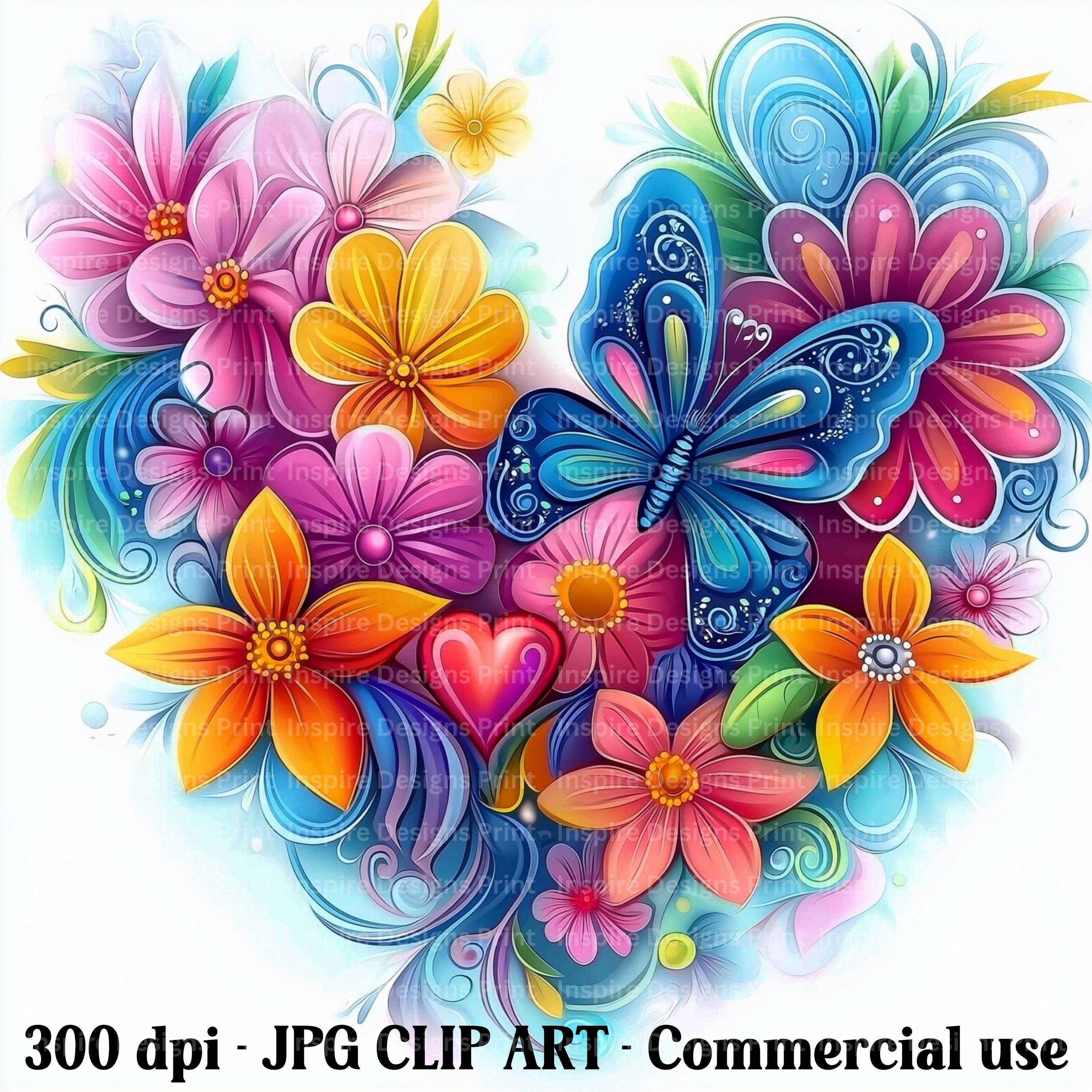 Vibrant Clipart Butterfly Floral Hearts Digital Whimsical Flowers ...