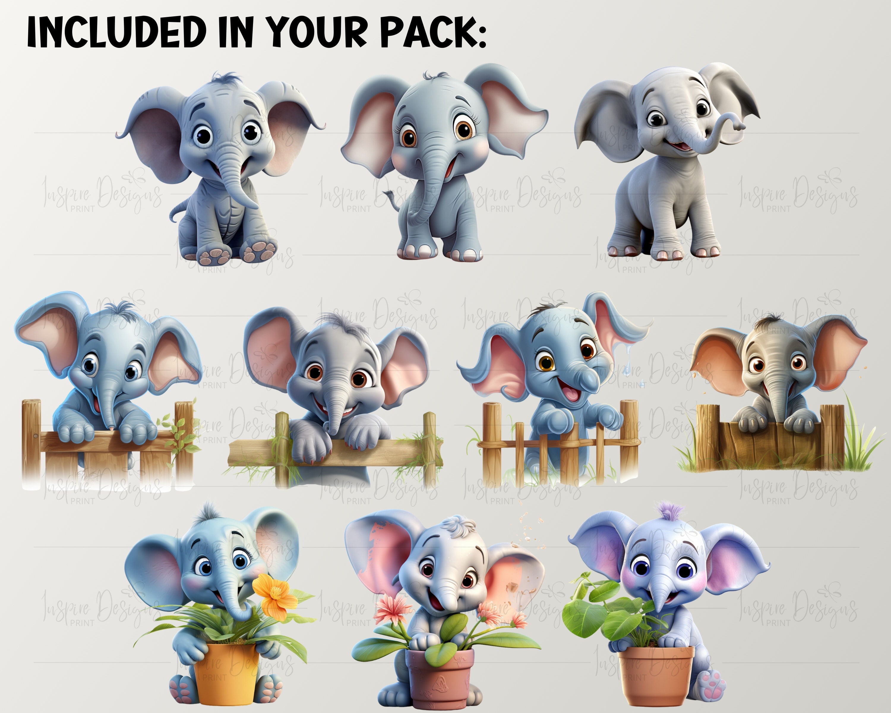 Cute Baby Elephants Watercolor Animals Clipart, Digital/paper Crafts ...