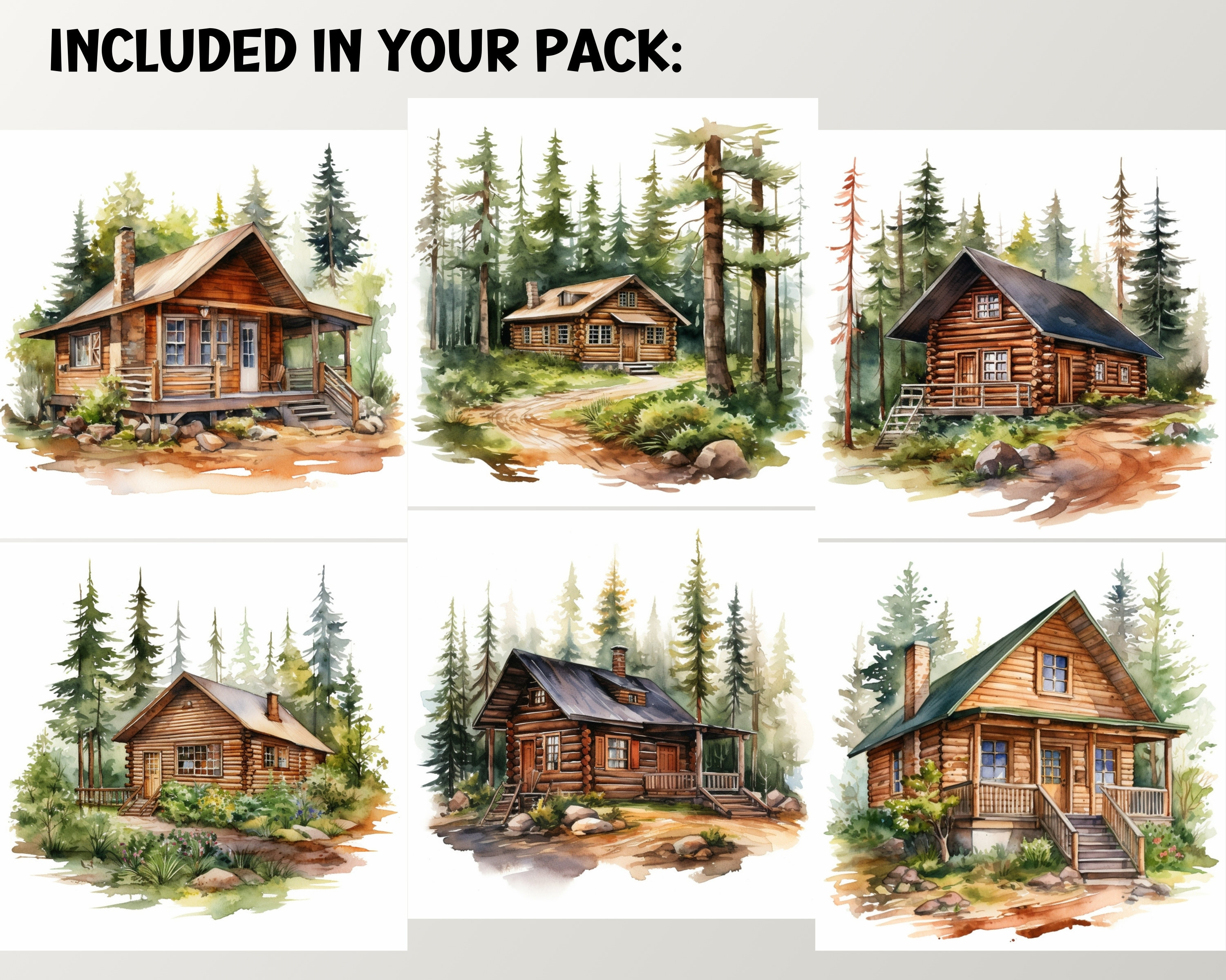 Rustic Log Cabins Watercolor Clipart Scenes, Digital & Paper Craft ...