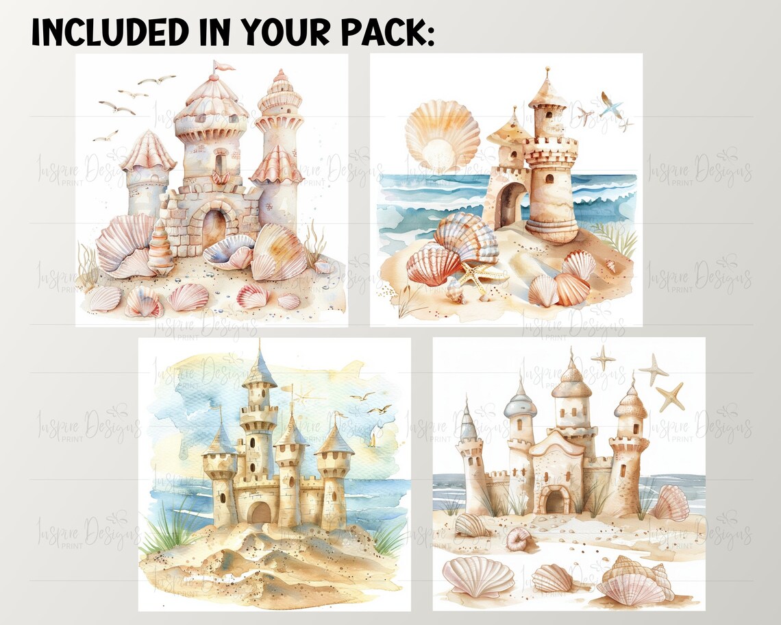 Beach Sandcastles Watercolor Clipart Scenes, Digital/ Paper Crafts ...