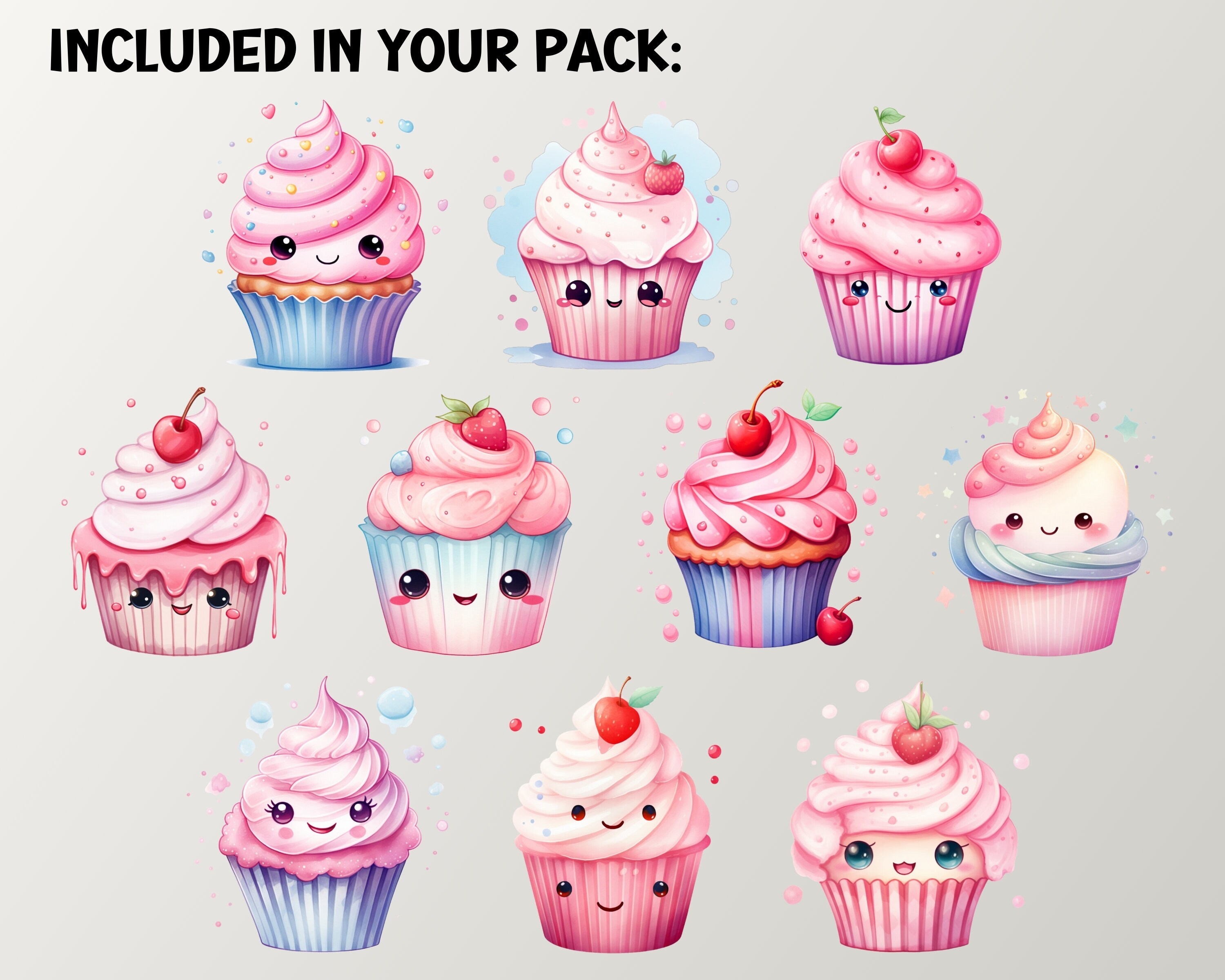 Cute Kawaii Cupcakes Watercolor Clipart, Craft Sublimation Decorations ...