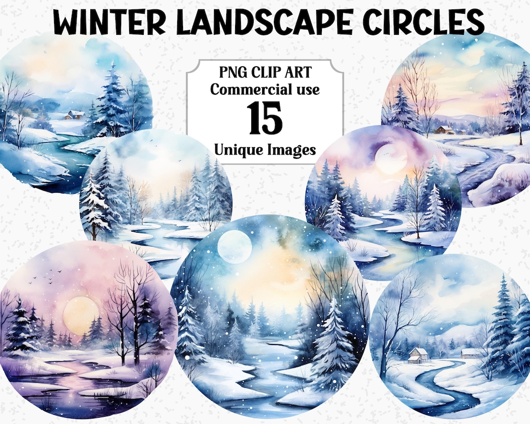 Winter Landscape Circles Watercolor Christmas Clipart Scenes, Craft ...