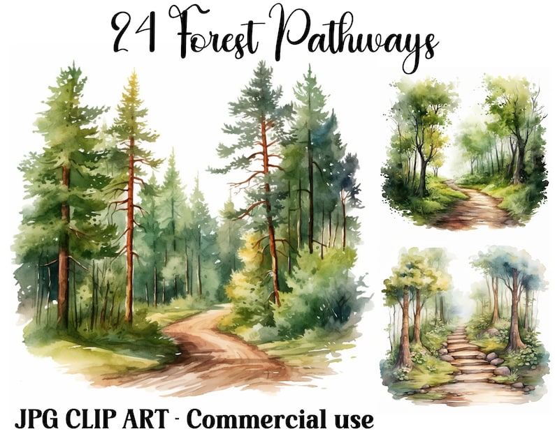 Forest Pathways Watercolor Clipart Scenes, Digital Craft, Instant ...