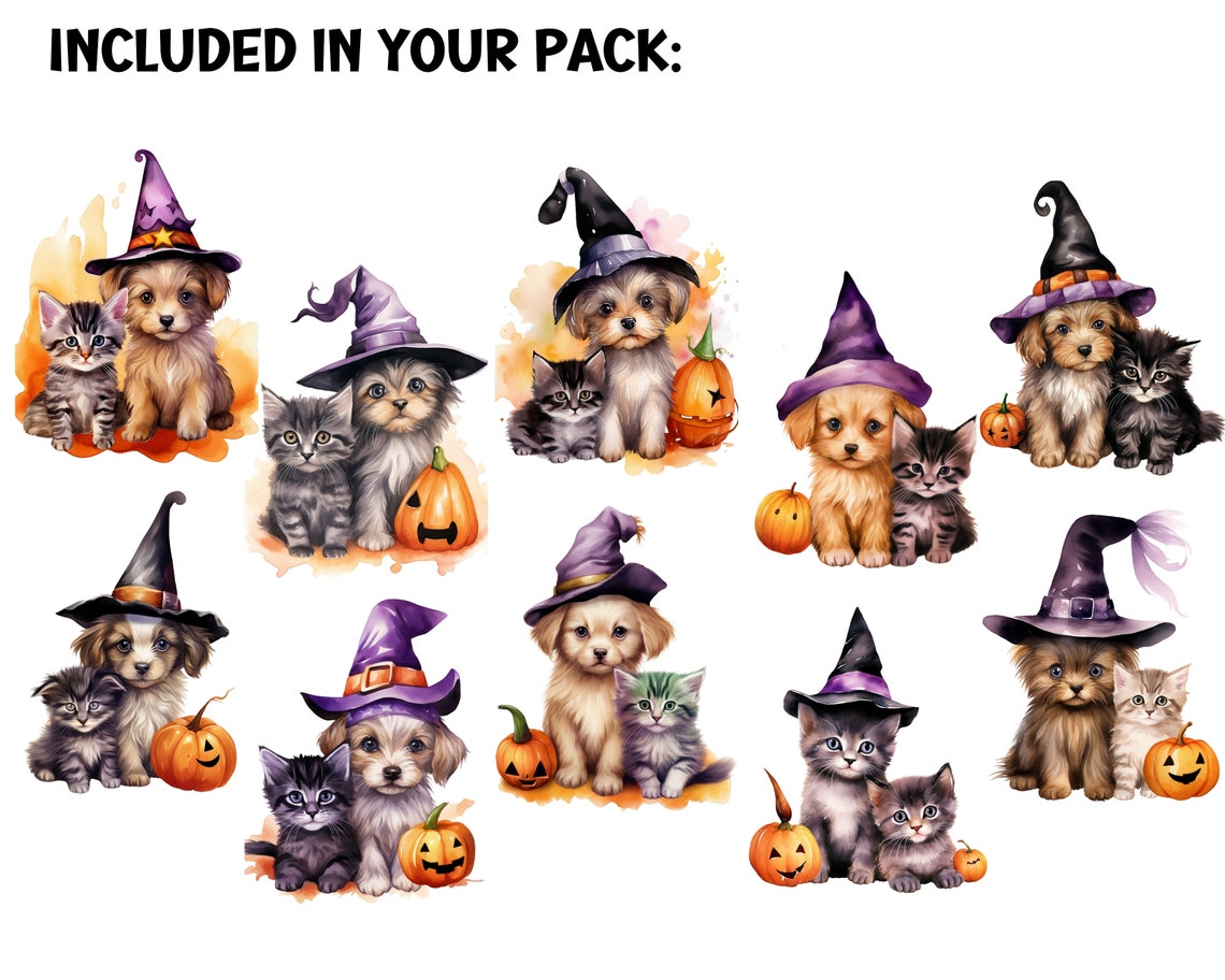 Halloween Cats & Dogs Watercolor Clip Art, Digital Paper Crafts Puppy ...