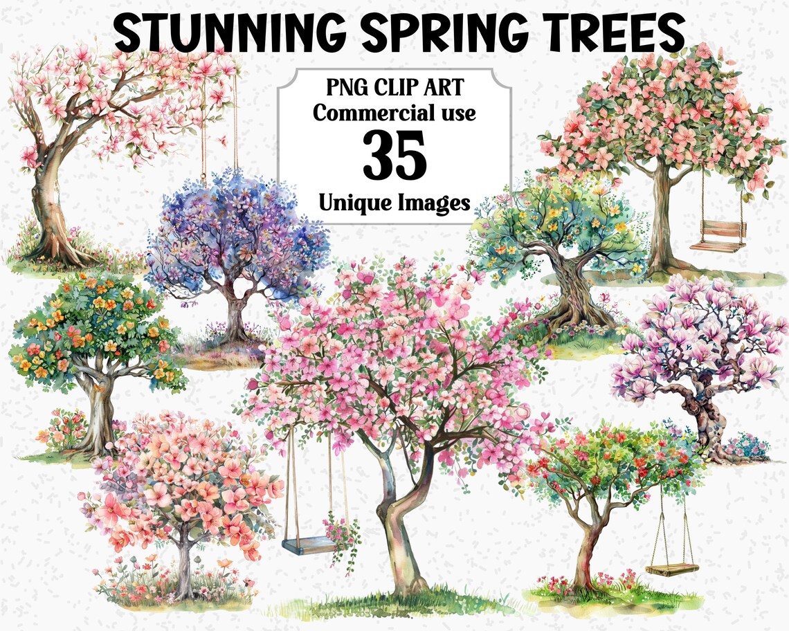 Stunning Spring Trees Watercolor Clipart, Digital Floral Crafts ...