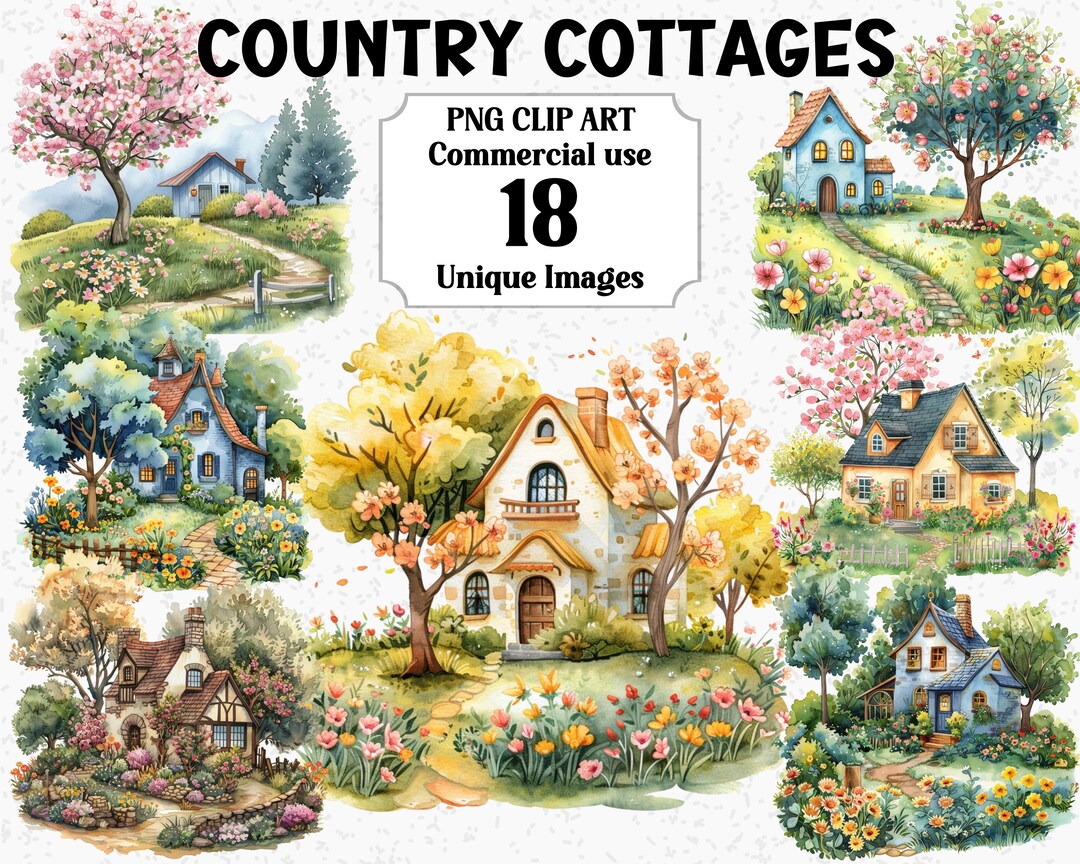 Country Cottages Watercolor Clipart Garden Scenes, Nature Trees Flowers ...