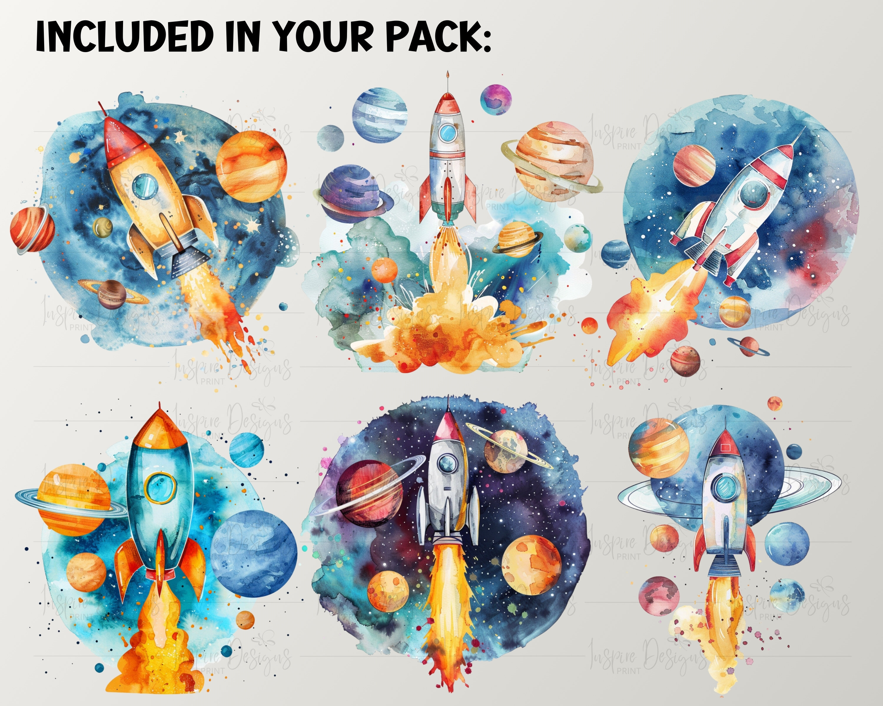 Cool Space Rockets Watercolor Clipart, Instant Download Commercial Use ...