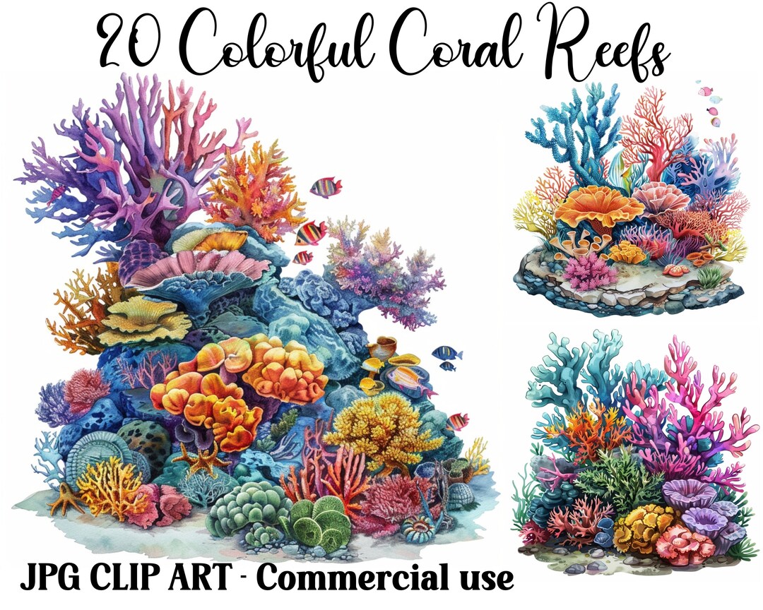 Coral Reefs Watercolor Clipart Vibrant Underwater Beach Scenes, Digital ...