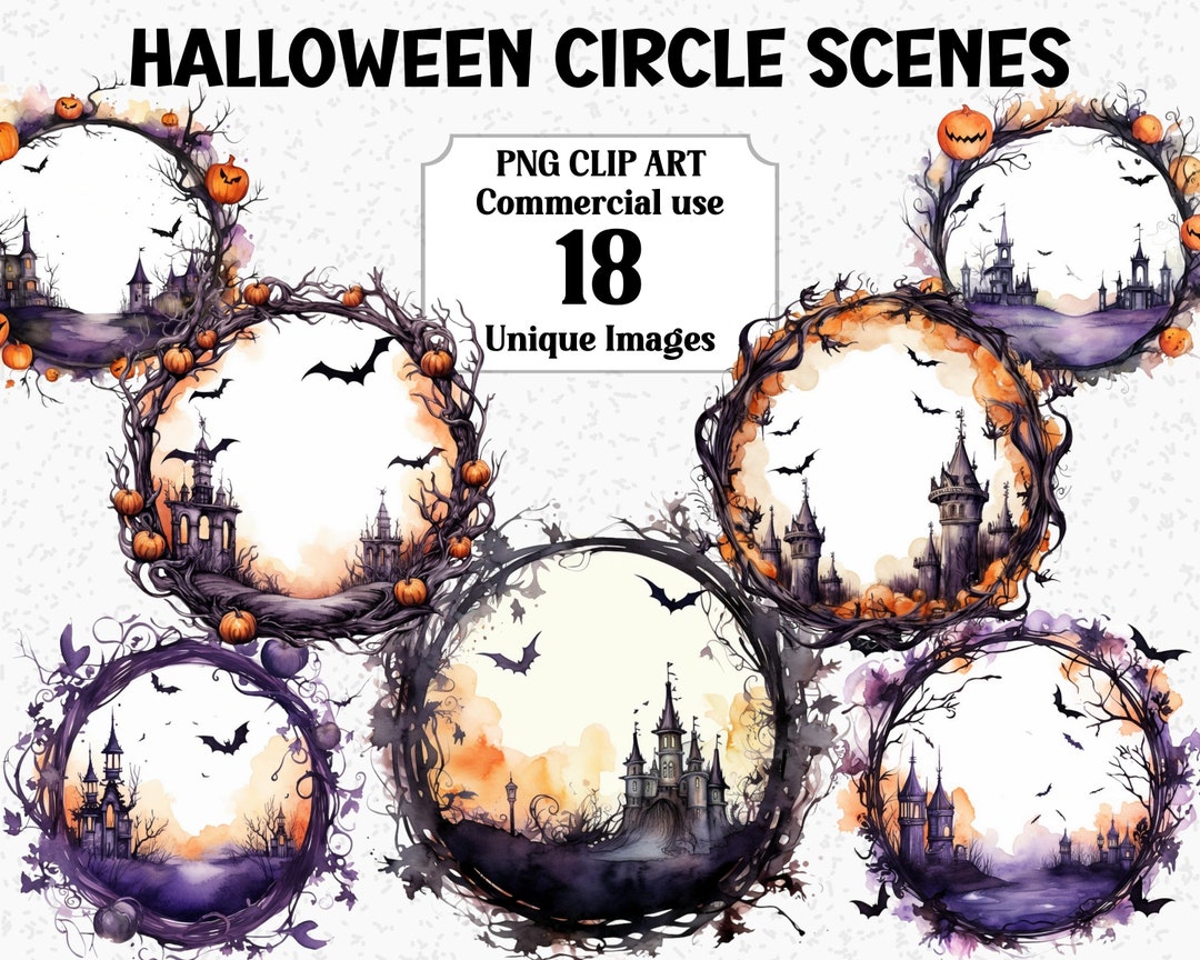 Halloween Circle Scenes Watercolor Clipart, Digital/paper Crafts ...