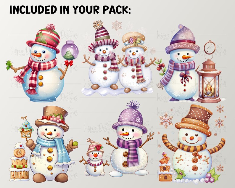 Cute & Funny Snowmen Clipart, Bright Christmas Cartoon Snowman Instant ...
