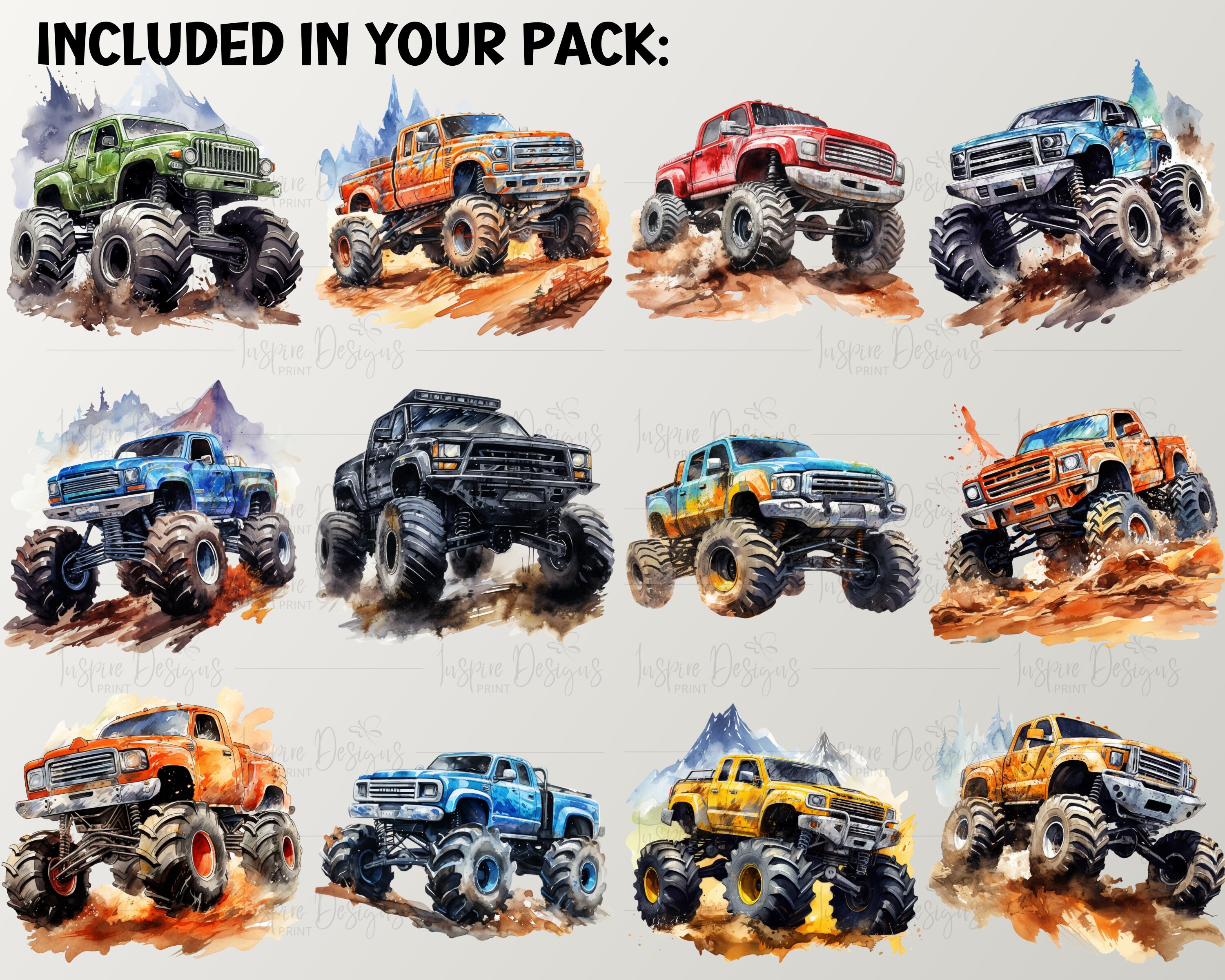 Monster Trucks Watercolor Clipart, Digital & Paper Craft, Instant ...