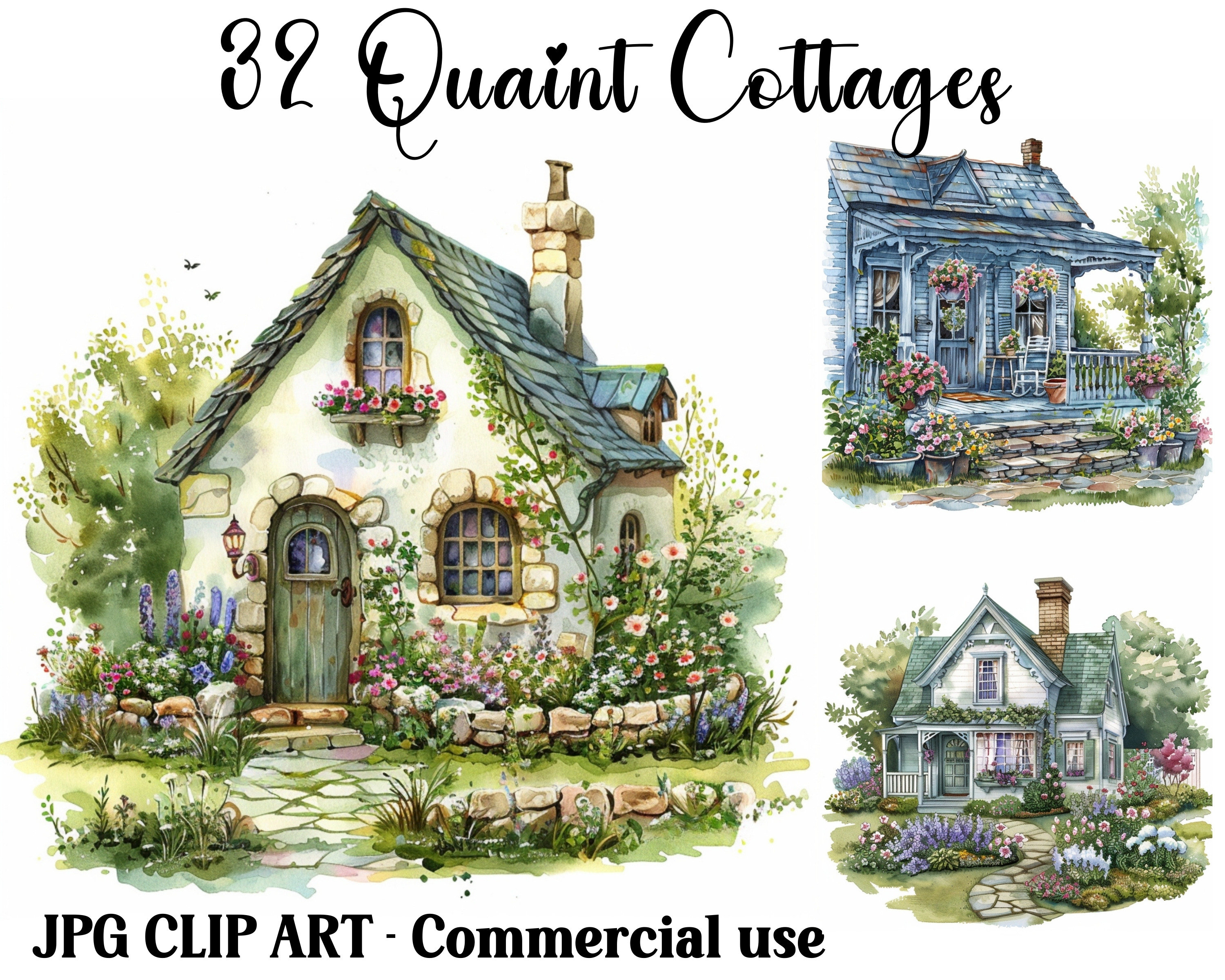 Quaint Cottages Watercolor Clipart Scenes, Fantasy Village House ...