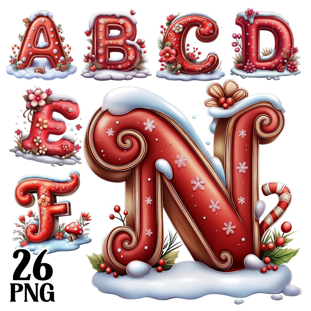 Red Christmas Letter Set Clipart, Custom Initial Ornament Alphabet ...