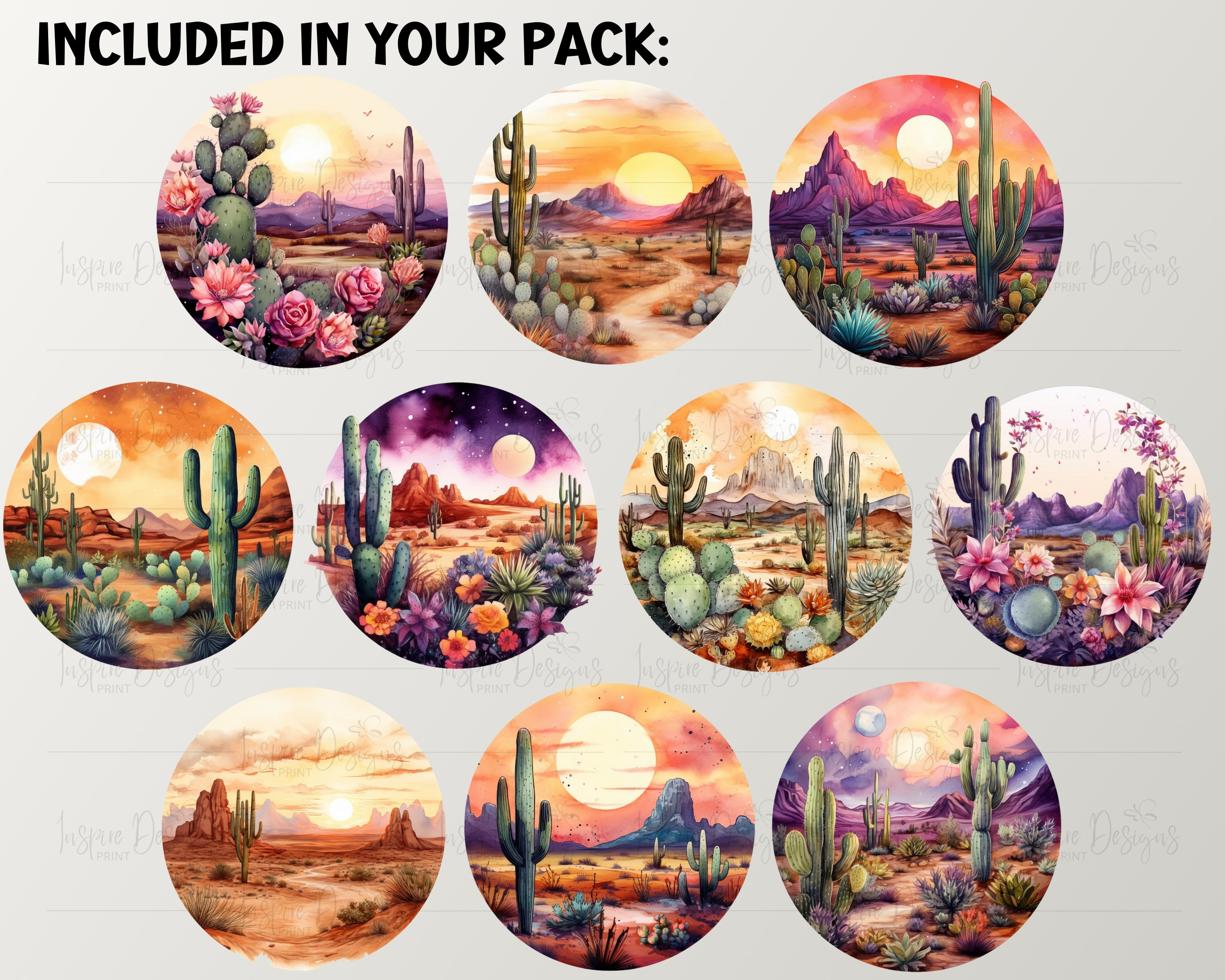 Desert Sunsets Circles Watercolor Remote Landscape Scenes Sublimation ...