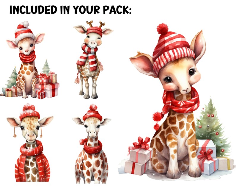 Christmas Giraffes Watercolor Clip Art, Digital/paper Crafts, Cute ...