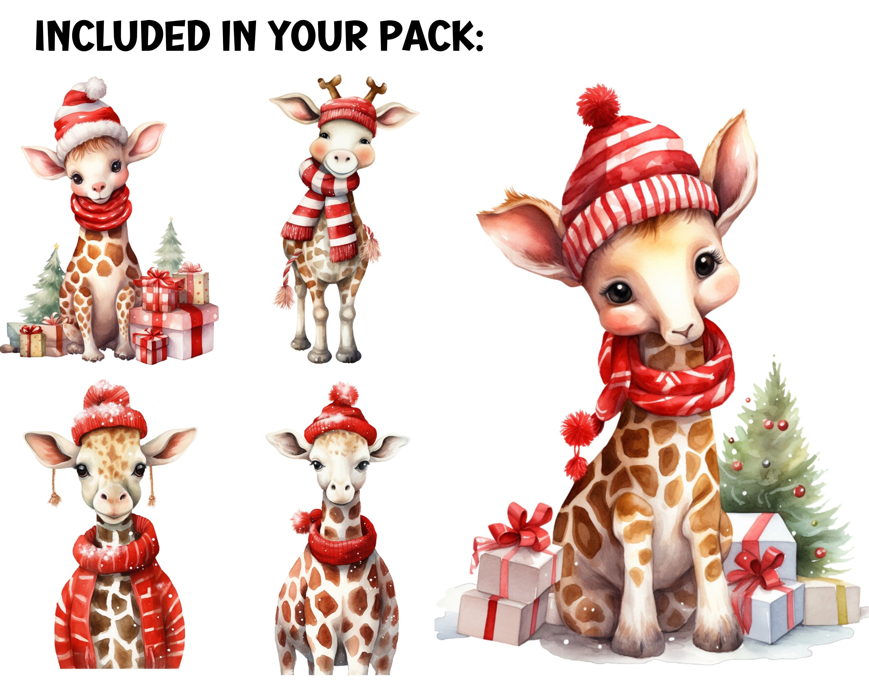 Christmas Giraffes Watercolor Clip Art, Digital/paper Crafts, Cute ...