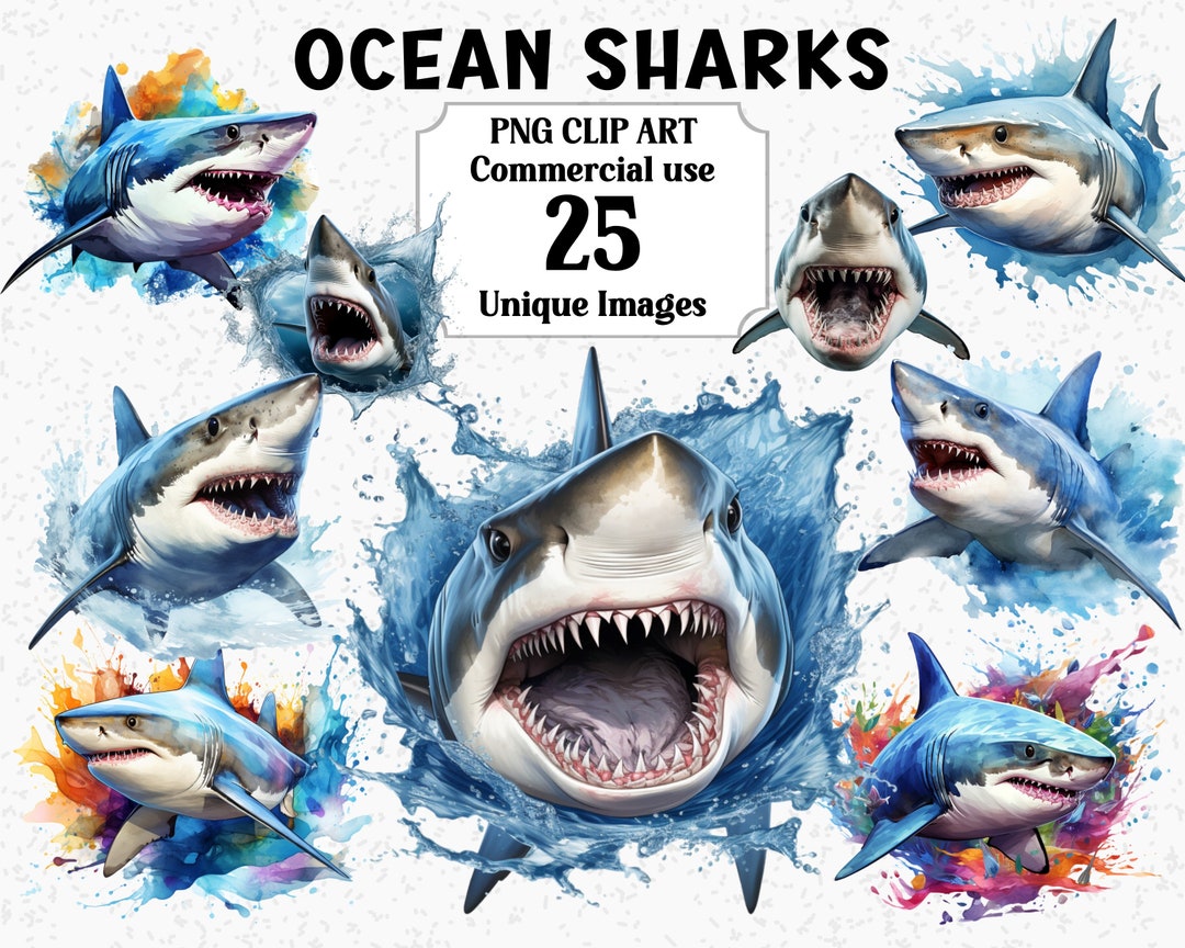Ocean Sharks Watercolor Clipart 3D Style Animals, Underwater Sea Life ...