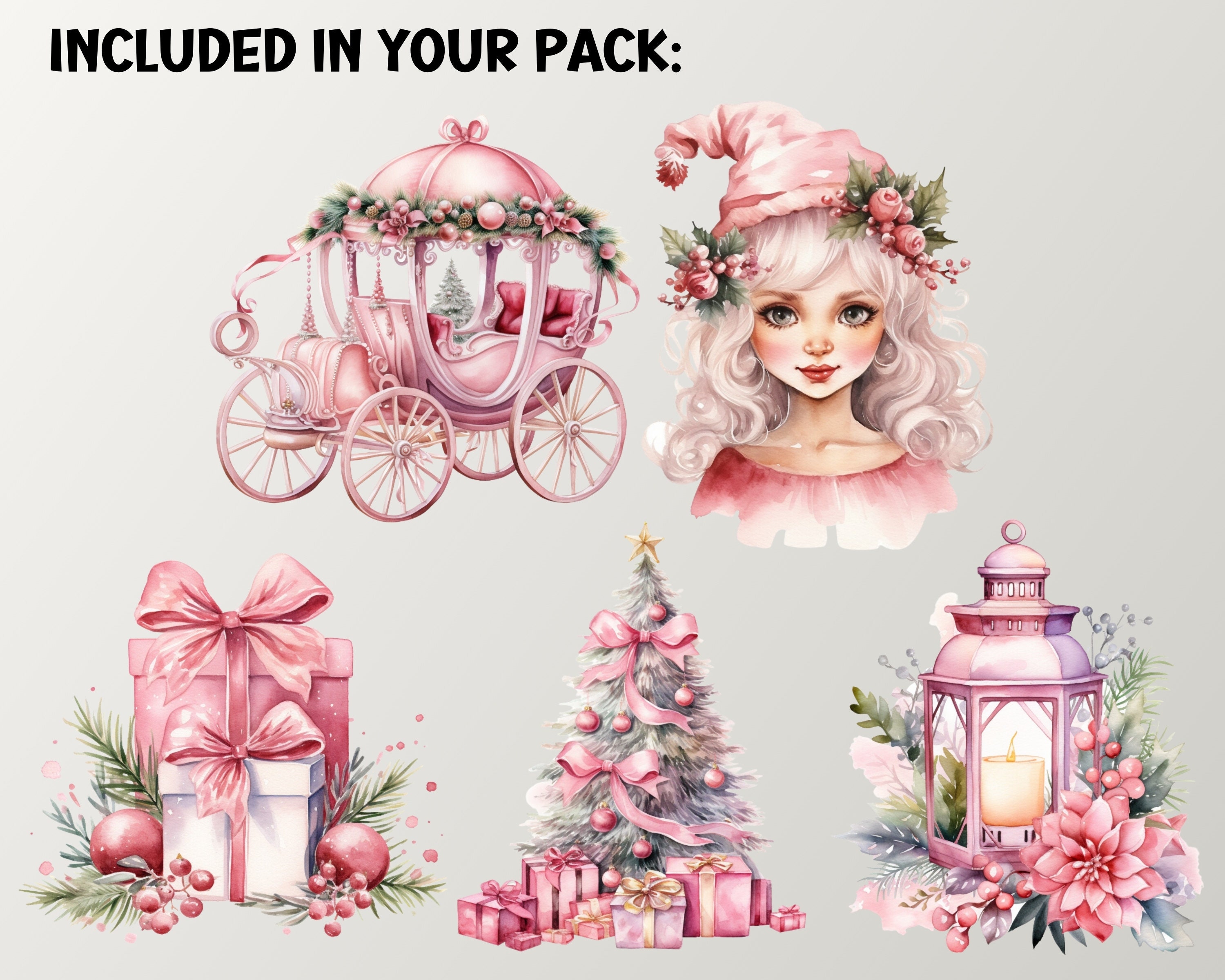Pastel Pink Christmas Watercolor Clipart Decorations Bundle, Digital ...