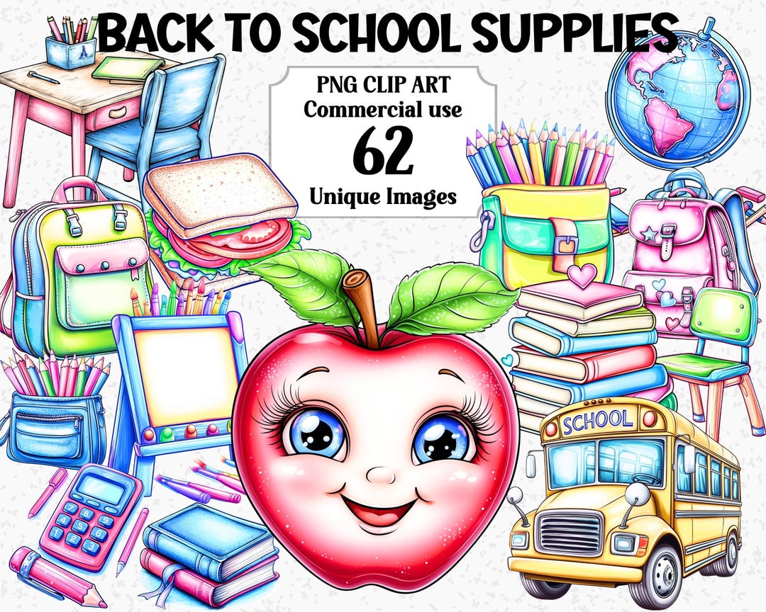 Back to School Supplies Clipart Cute Commercial Use School Bus Books ...