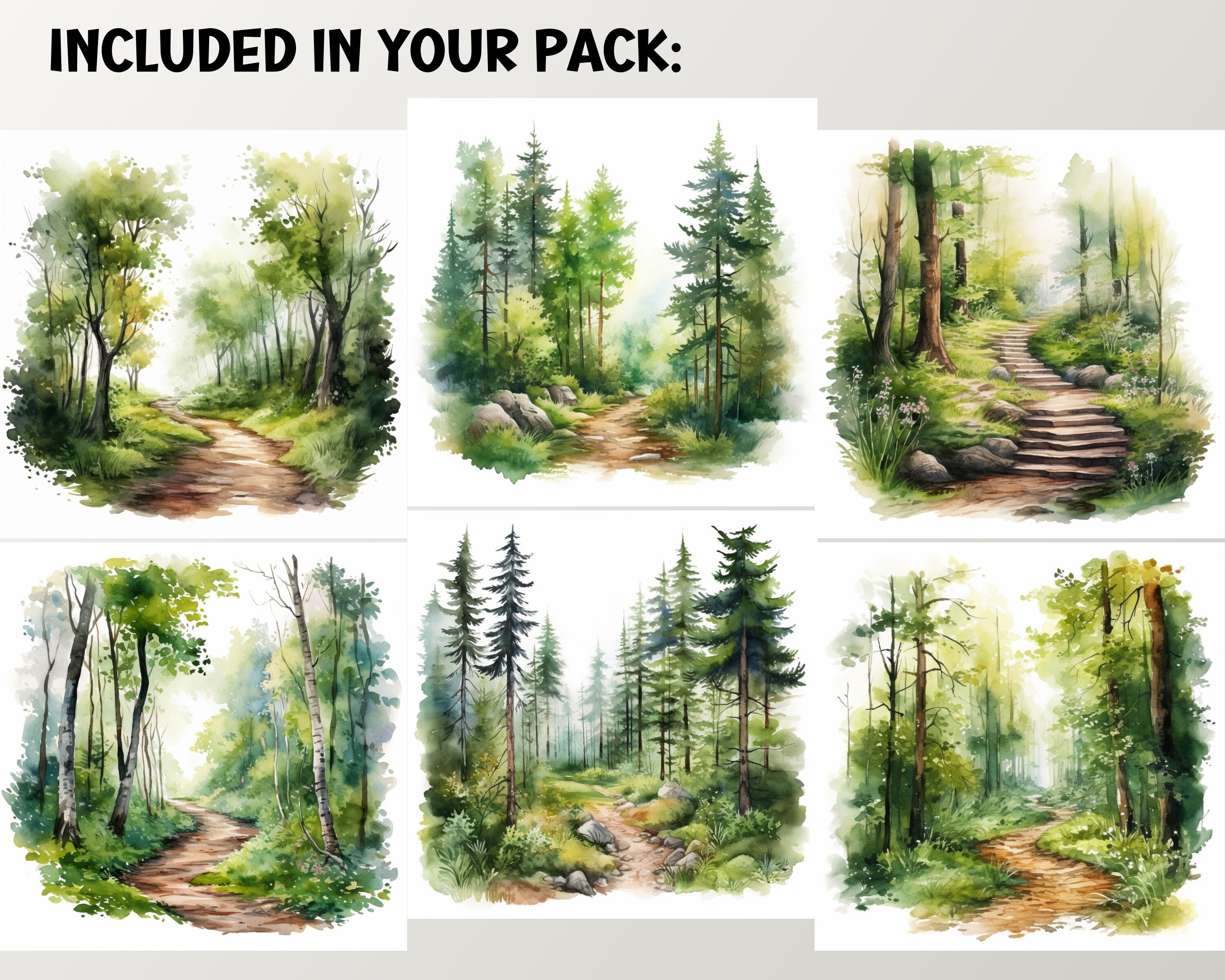 Forest Pathways Watercolor Clipart Scenes, Digital Craft, Instant ...