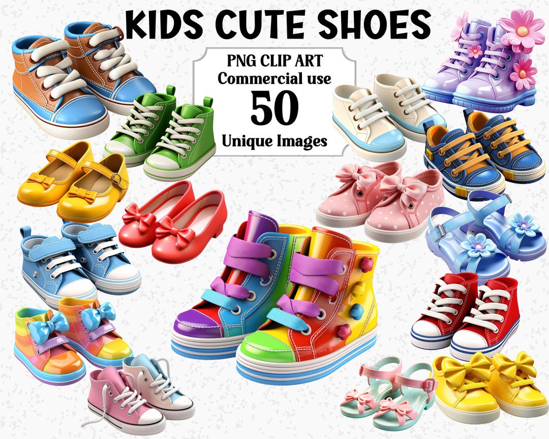 3D Style Cute Kids Shoes Clipart, Girls Boys Sandals Runners Boots ...