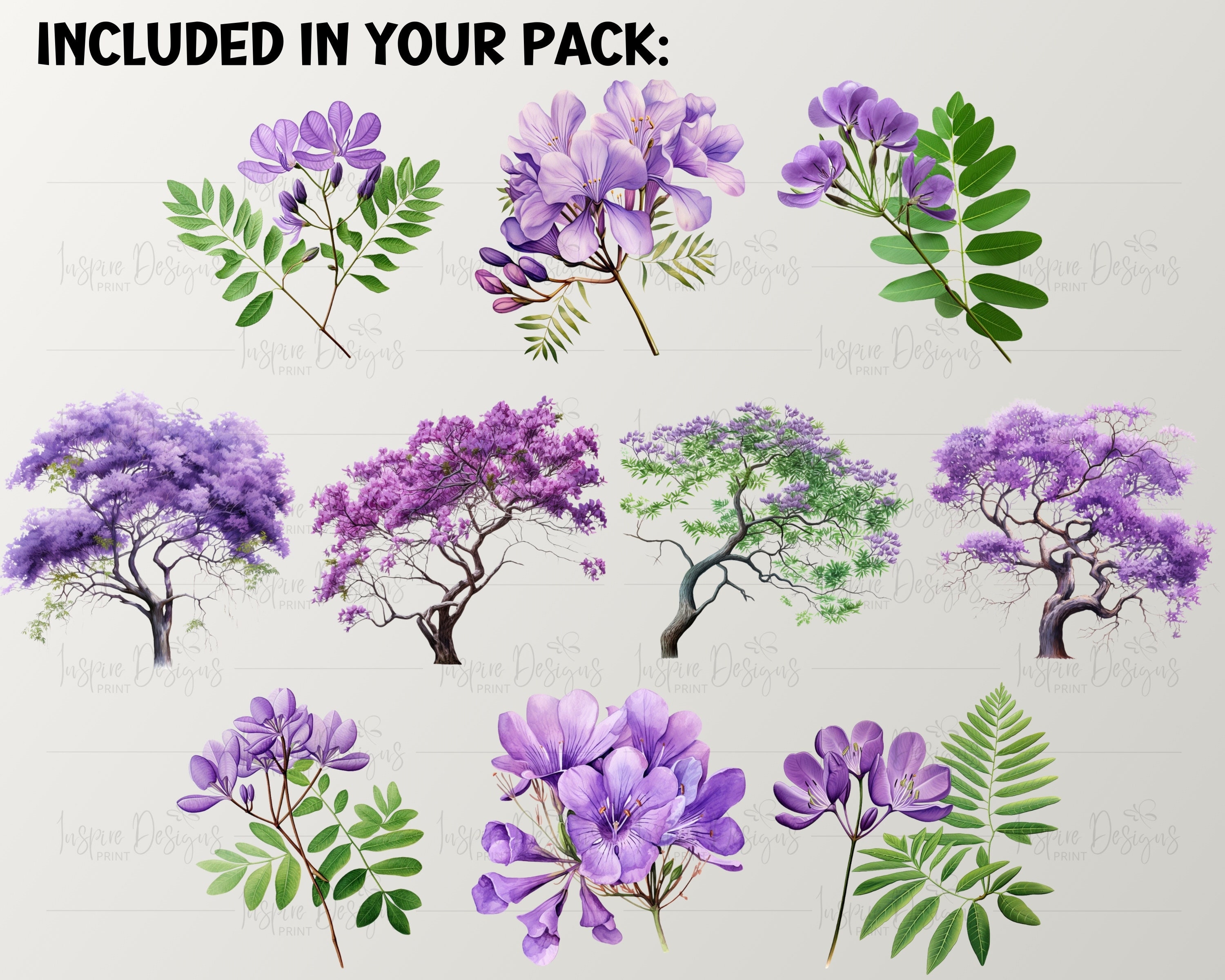Jacaranda Trees Watercolor Purple Clipart, Digital Nature Green Leaves ...
