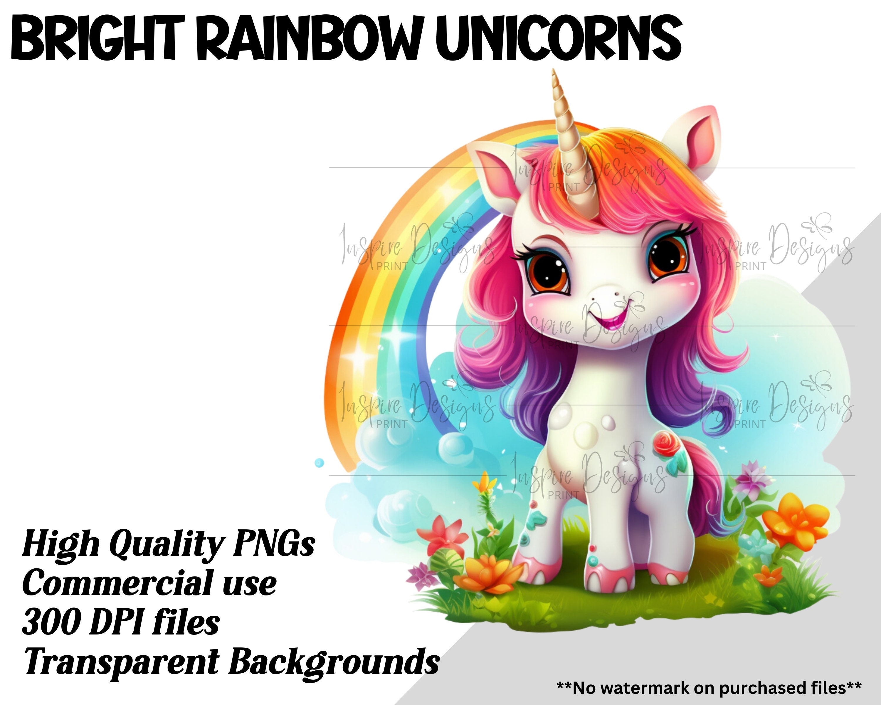 Bright Rainbow Unicorns Cute Watercolor Clipart, Digital & Paper Crafts ...