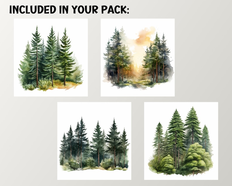 Pine Forest Scenes Watercolor Clipart, Digital & Paper Craft, Instant ...