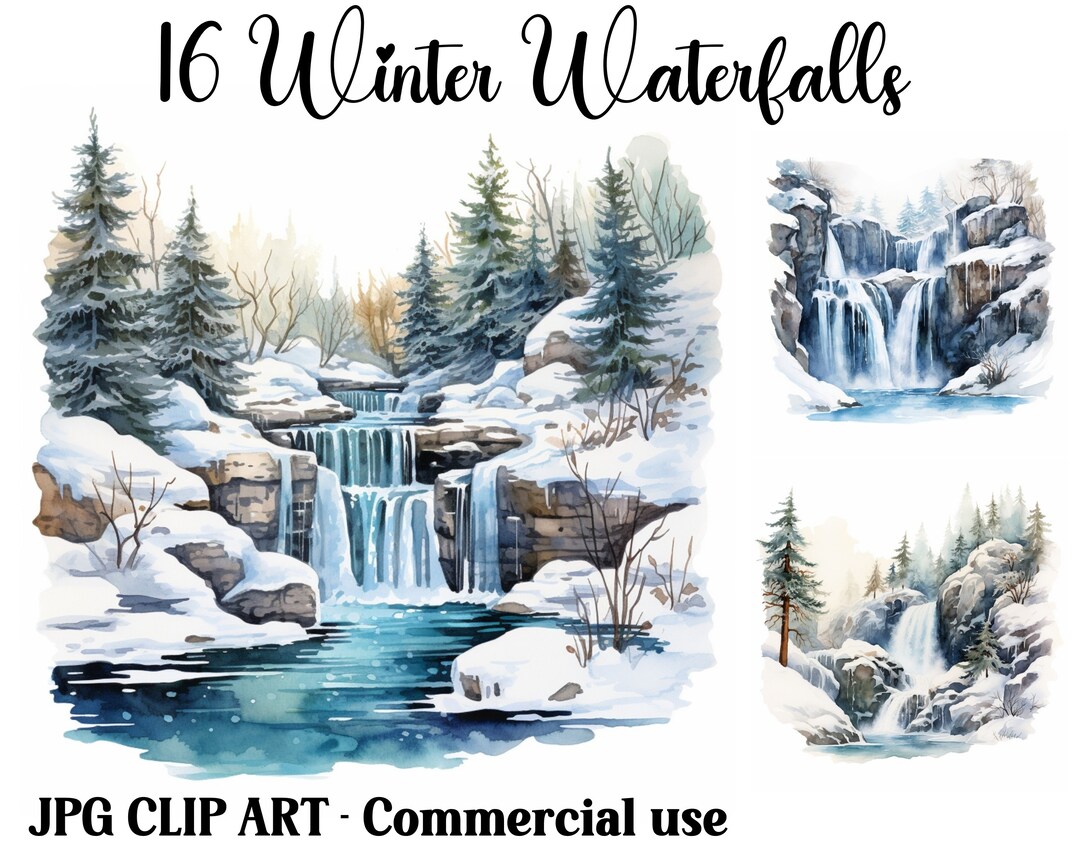 Winter Waterfalls Watercolor Clipart Scenes, Digital & Paper Crafts ...