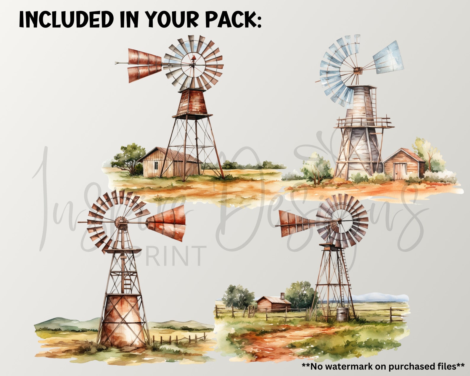 Outback Windmills Watercolor Clipart, Digital & Paper Craft, Instant ...