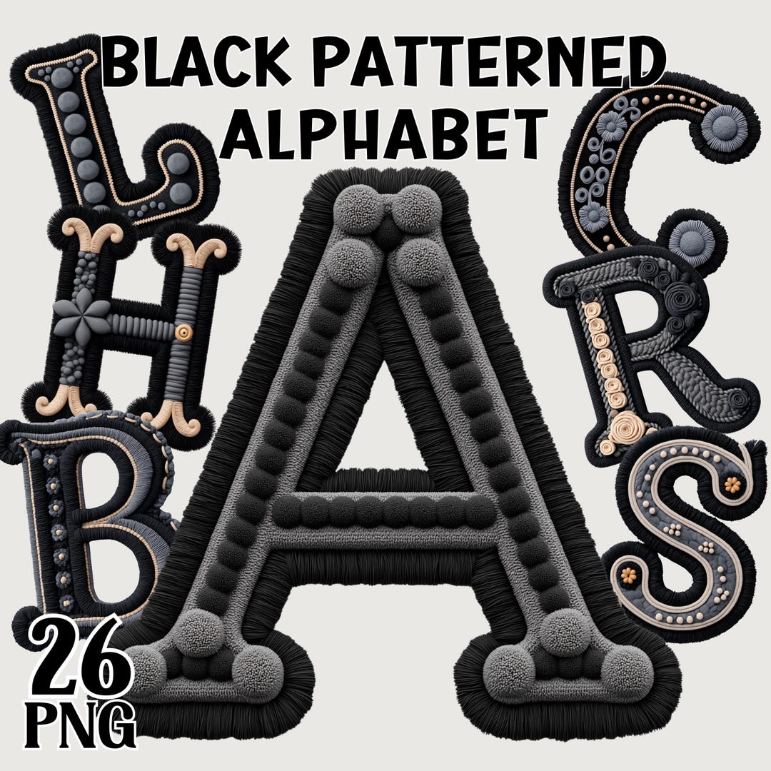 Black Patterned Faux Yarn Alphabet Letters, Faux Crotchet Font Clipart ...