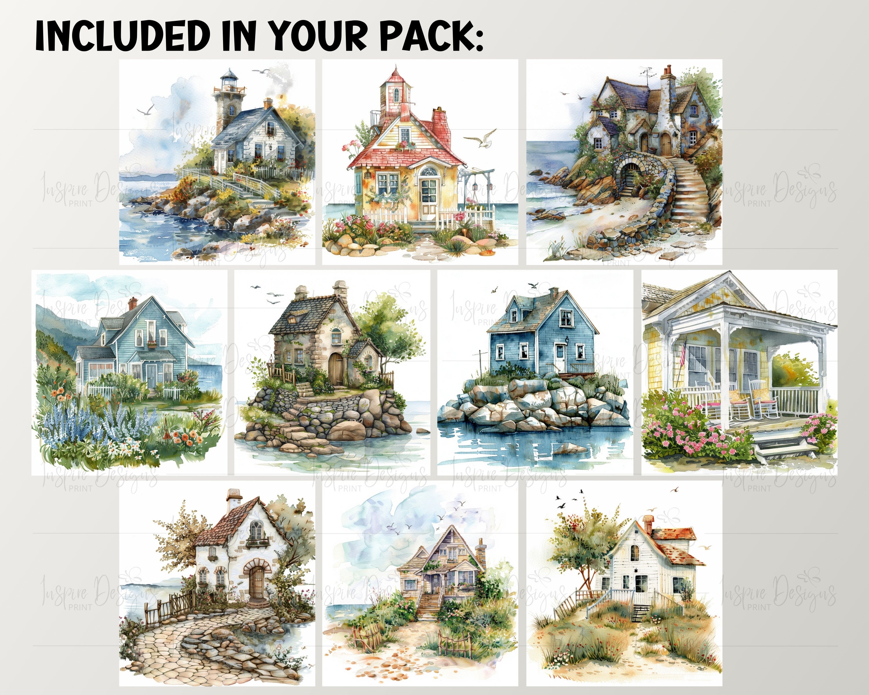 Seaside Cottages Watercolor Clipart Scenes, Coastal Ocean Houses ...