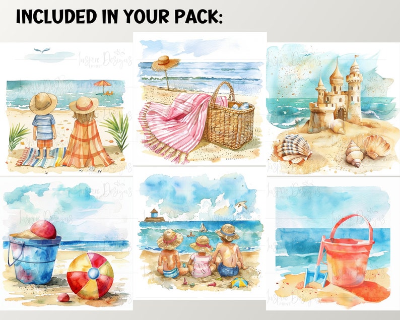 Beach Vacations Watercolor Clipart Scenes, Digital & Paper Crafts ...