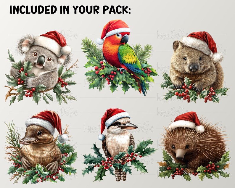 Australian Christmas Animals Clipart Set 2, Watercolor Animals Koala ...