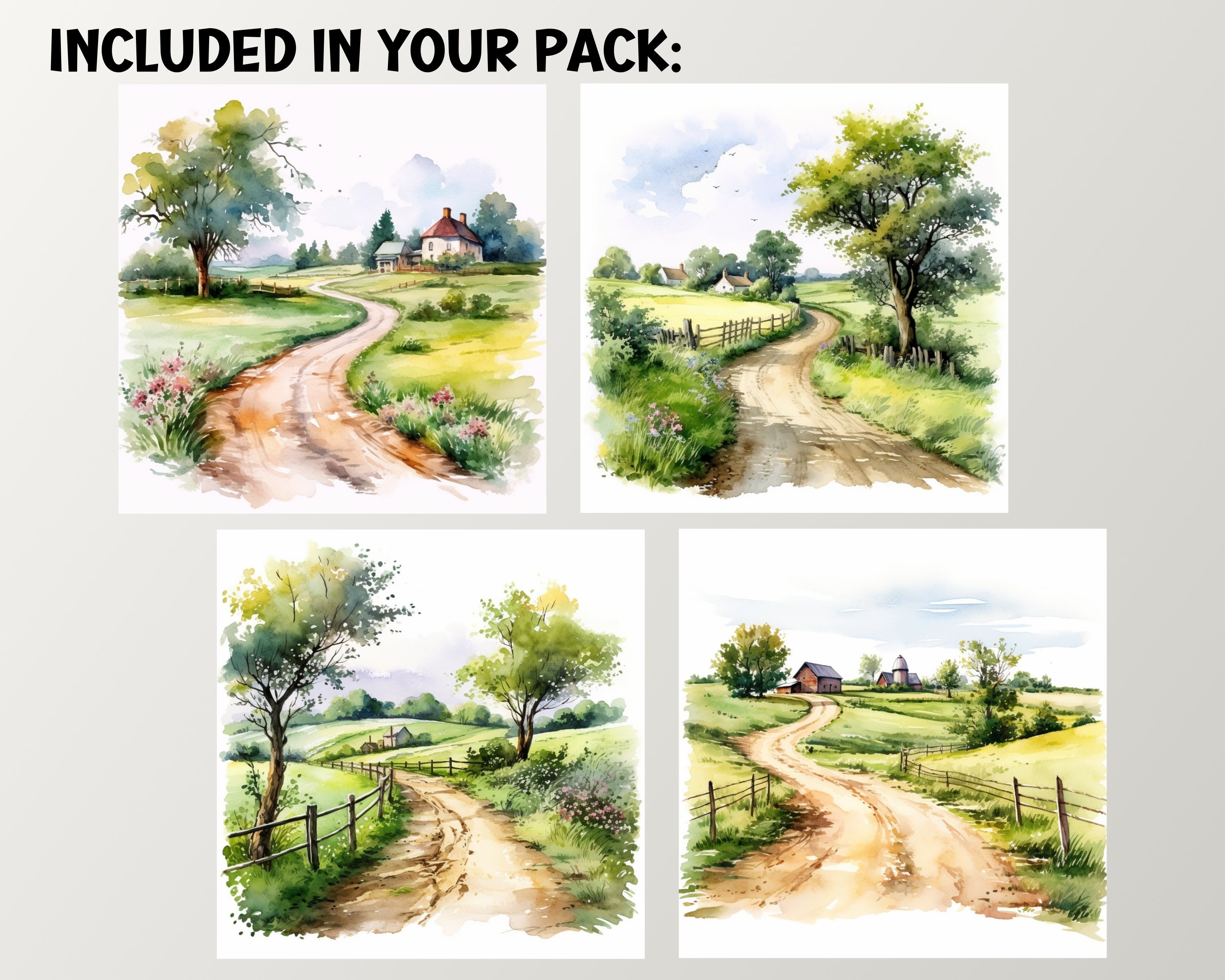 Country Laneways Watercolor Clipart Scenes, Digital & Paper Craft ...