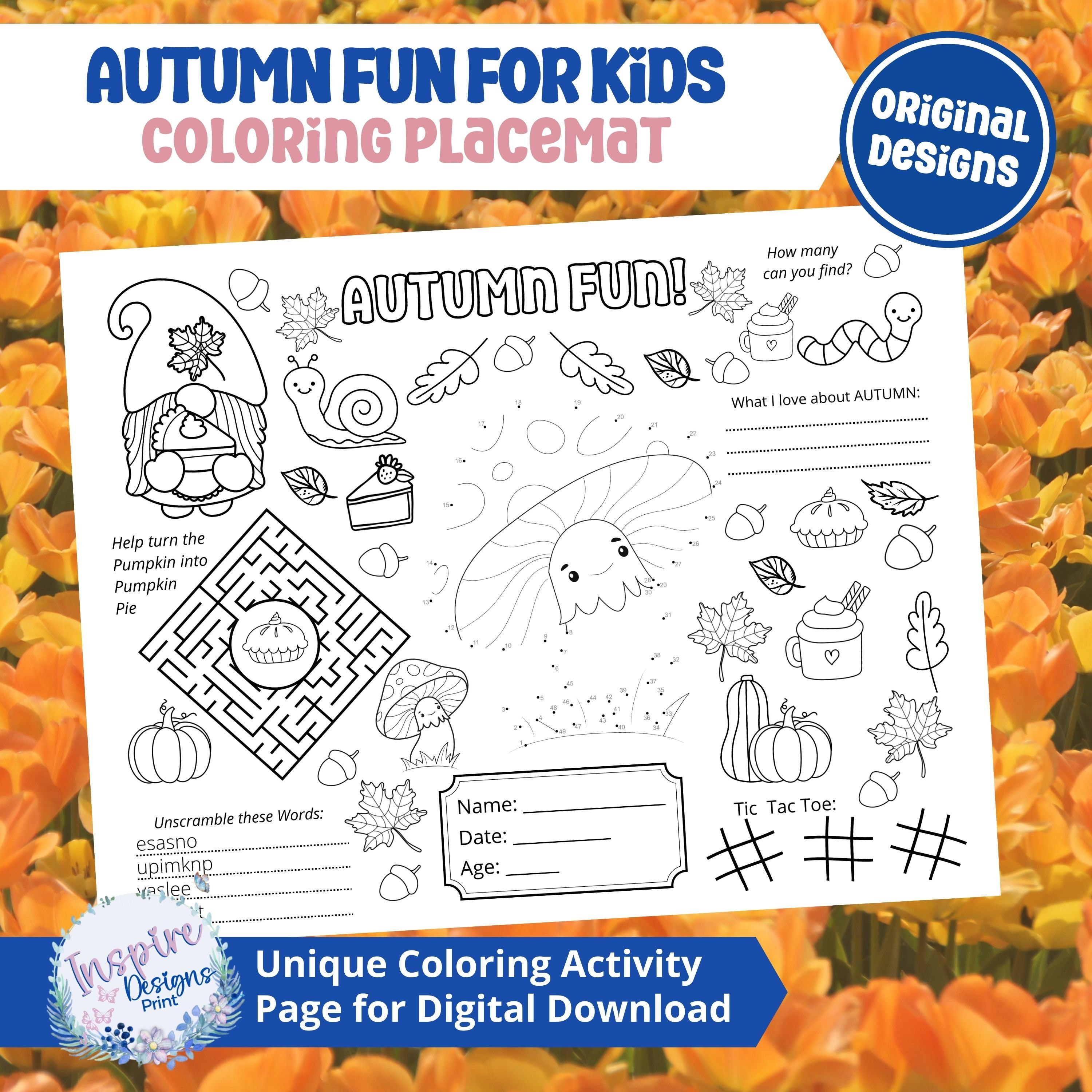 FALL/AUTUMN Fun Printable Coloring Placemat for Kids Season Activity ...