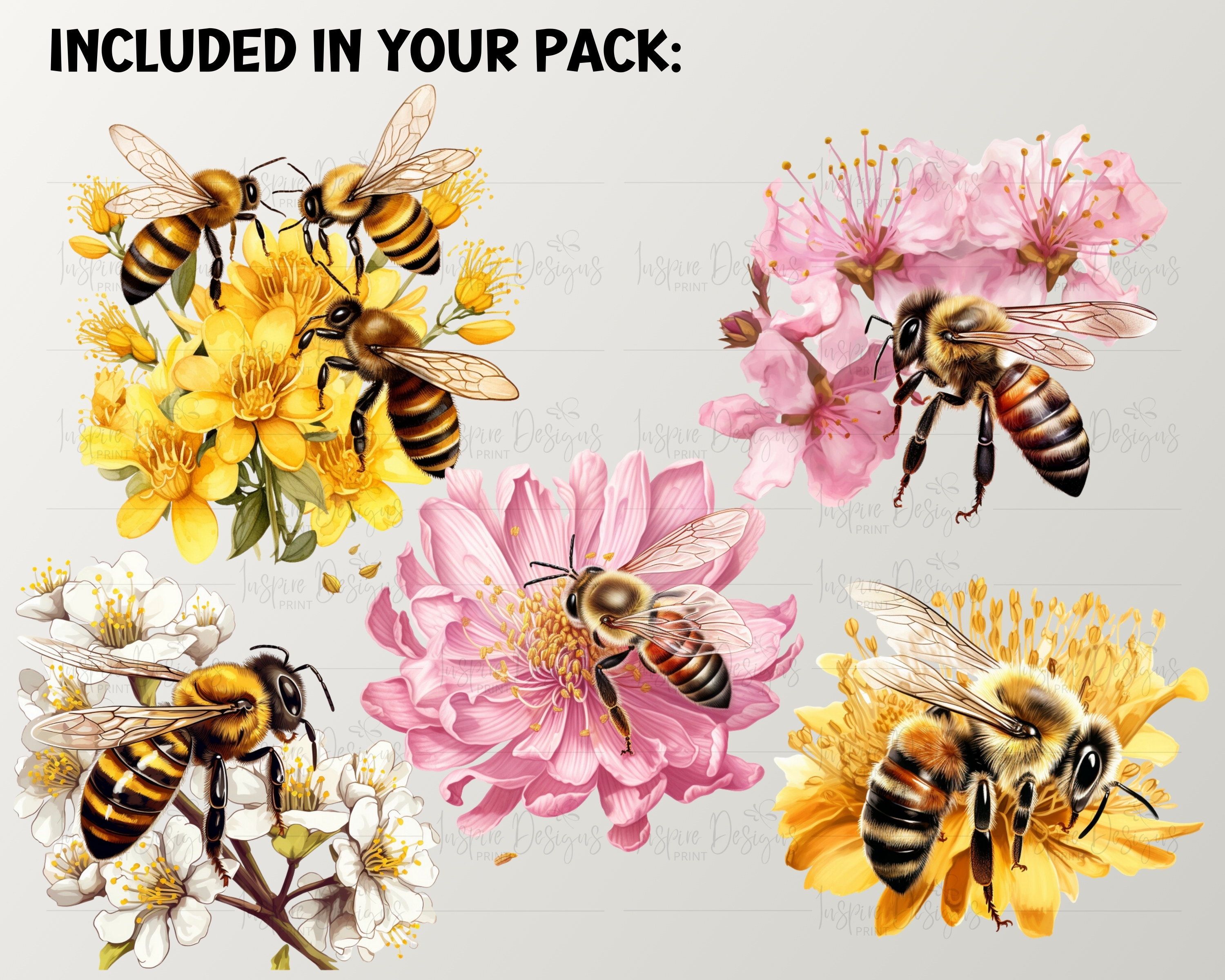 Spring Flower Bees Watercolor Clipart, Digital Crafts, Instant Download ...