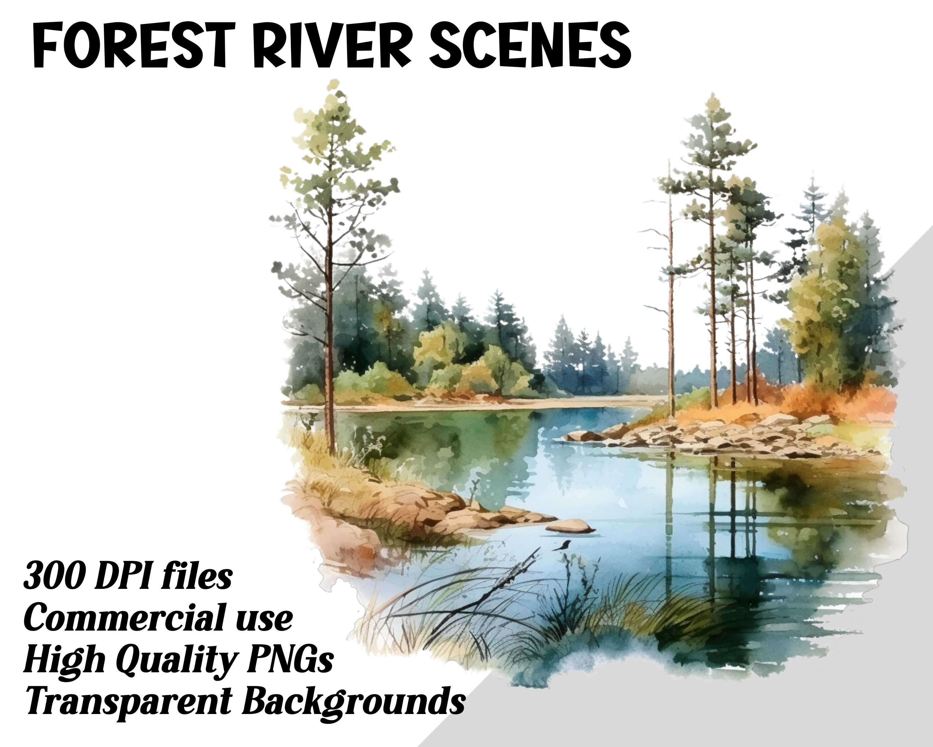 Forest River Scenes Watercolor Lake Landscape Sublimation Clipart ...