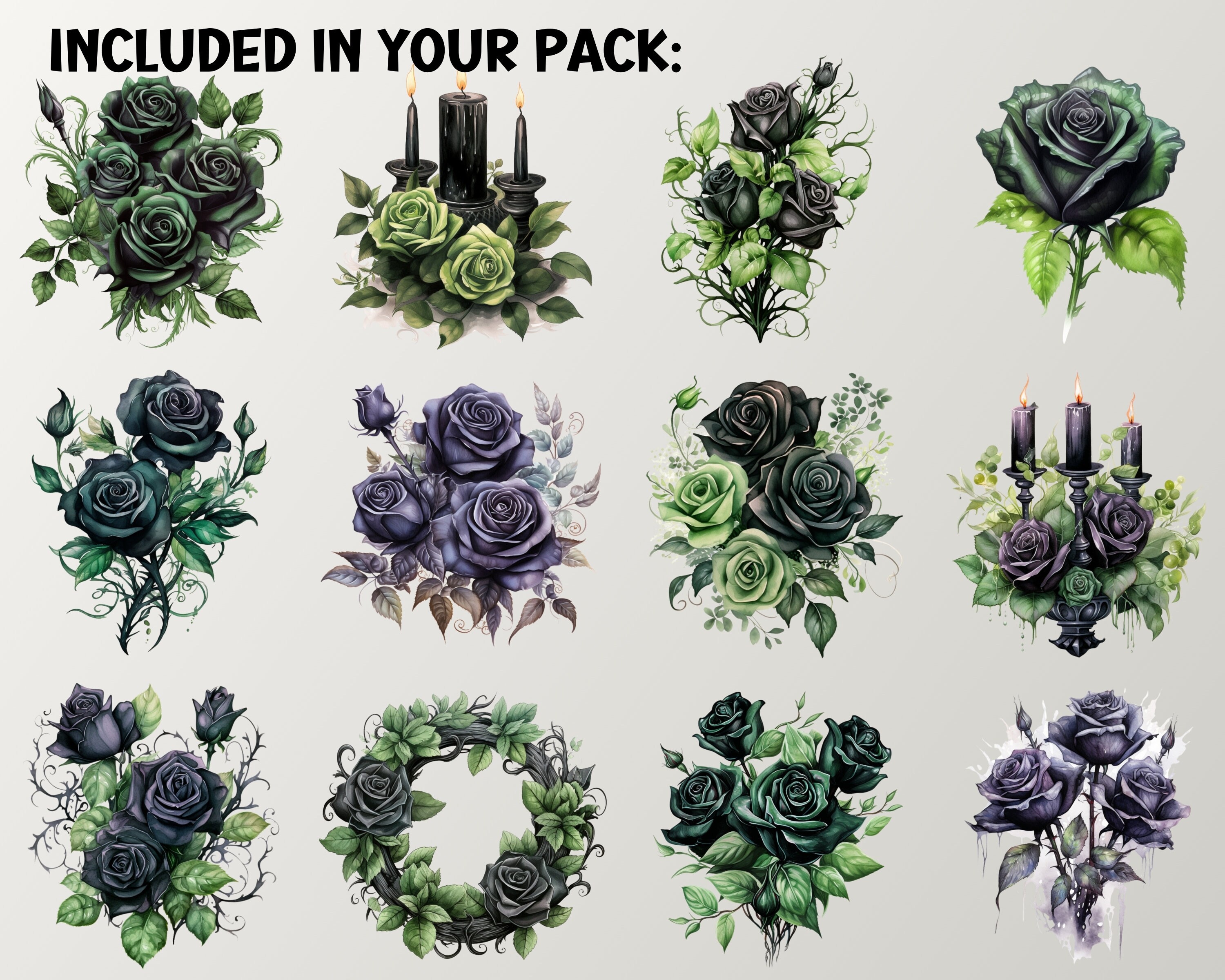 Black Gothic Roses Watercolor Spooky Dark Flowers Clipart, Cards Craft ...
